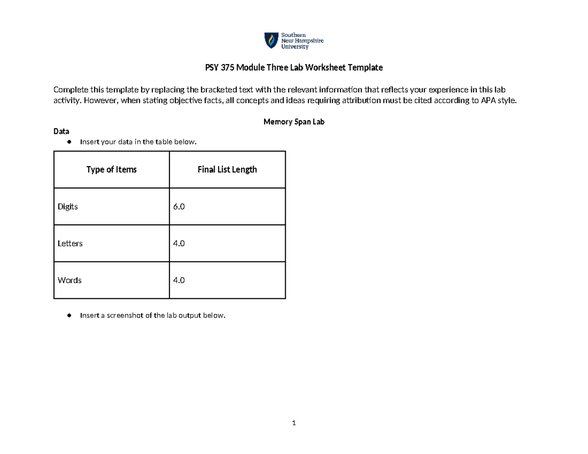 PSY 375 Module Three Lab Worksheet Template - PSY 375 Module Three Lab ...