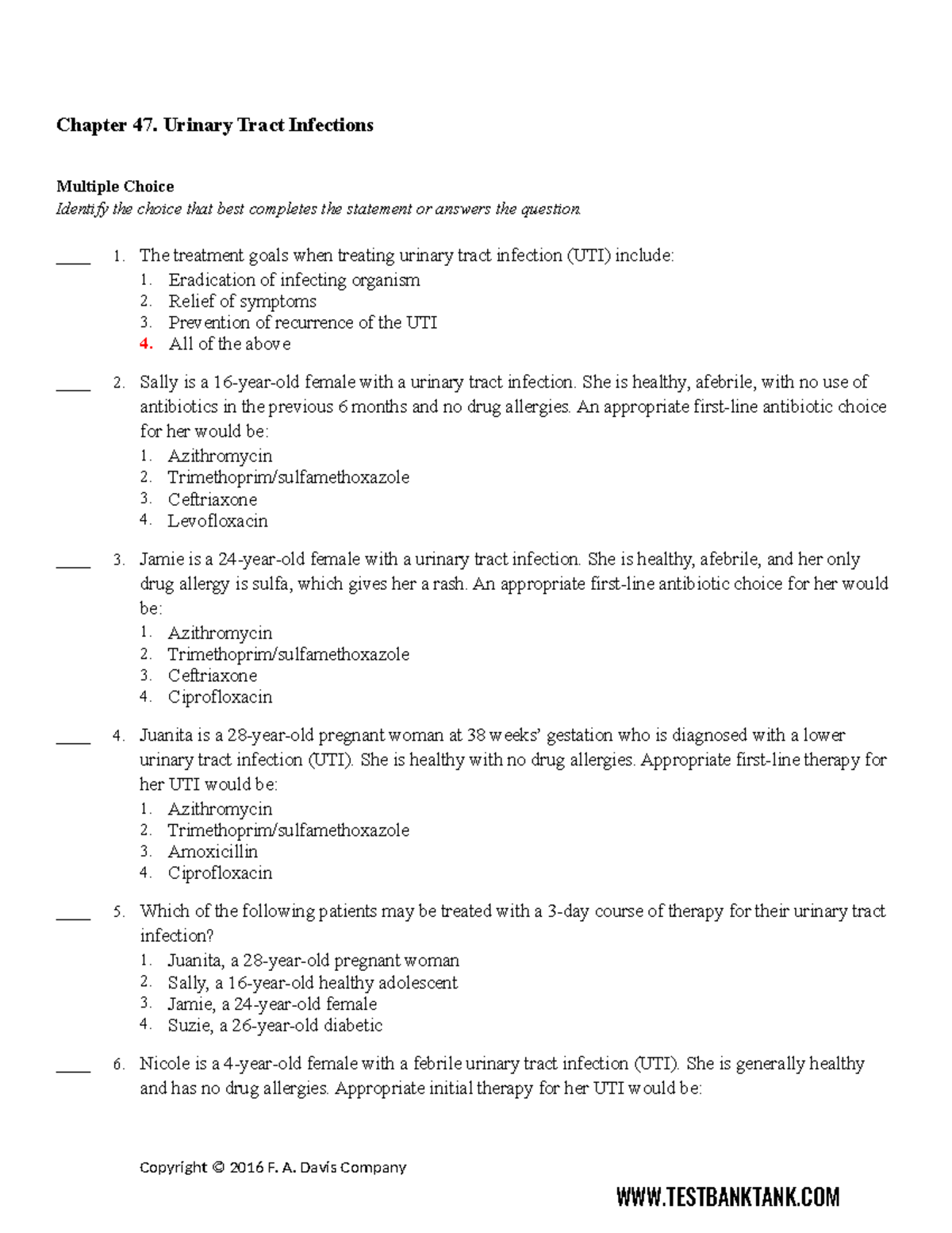 CH47 Test Bank Tank - Test Bank - Chapter 47. Urinary Tract Infections ...