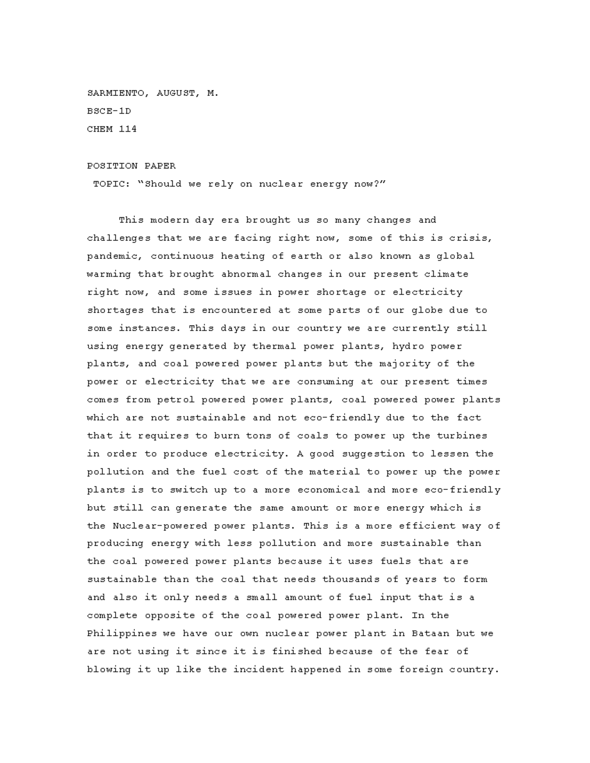 Position Paper - Assignment - SARMIENTO, AUGUST, M. BSCE-1D CHEM 114 ...