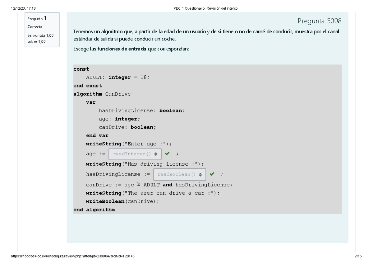 PEC 1 Fundamentos DE Programaci MMHMJ - Pregunta 1 Correcta Se puntúa 1 ...