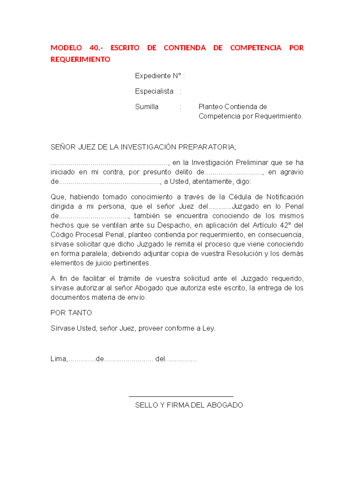 Modelo 40.- Escrito DE Contienda DE Competencia POR Requerimiento ...