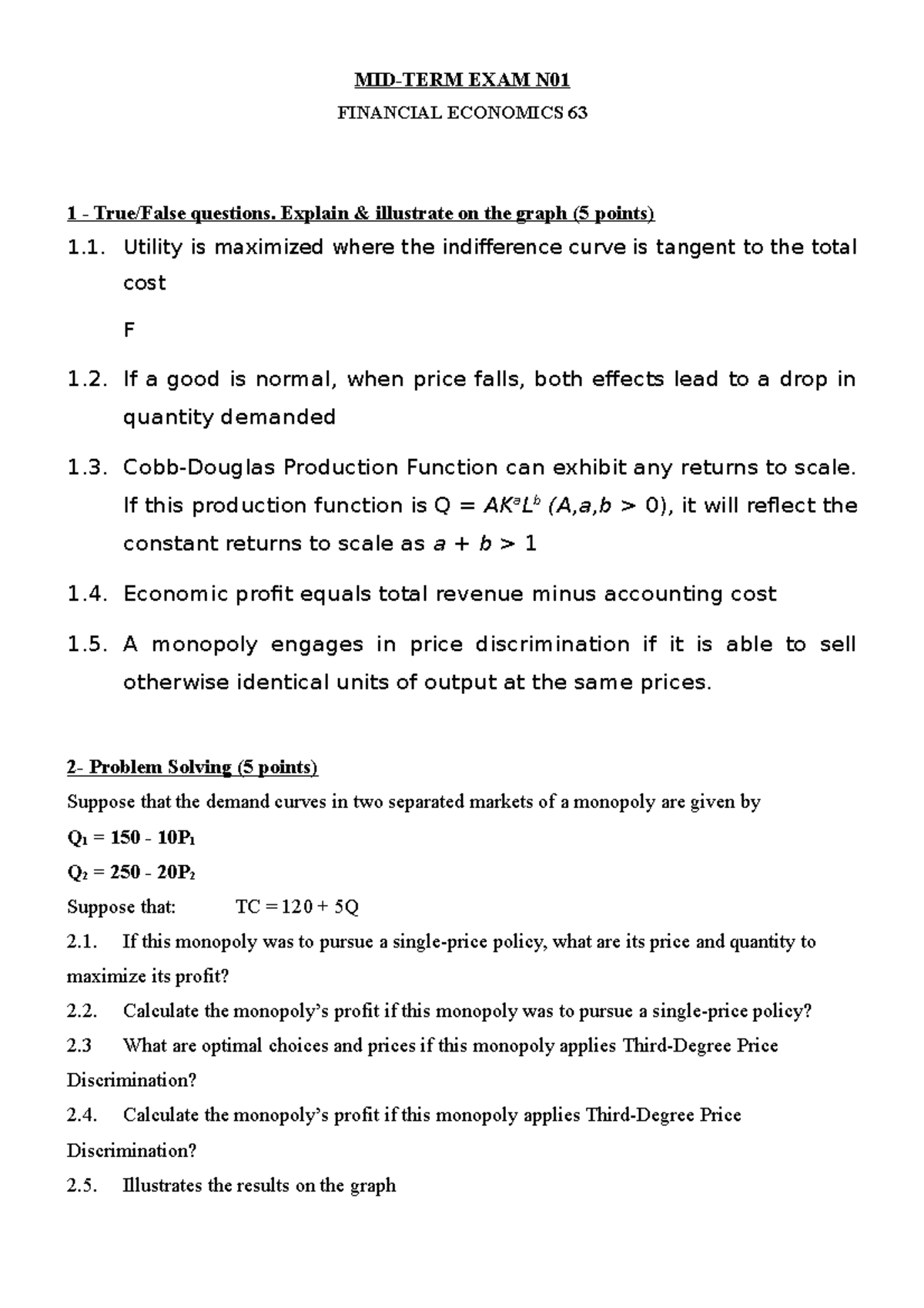 FE63- Microeconomics 2- Mid-term exam N01 - MID-TERM EXAM N FINANCIAL ...