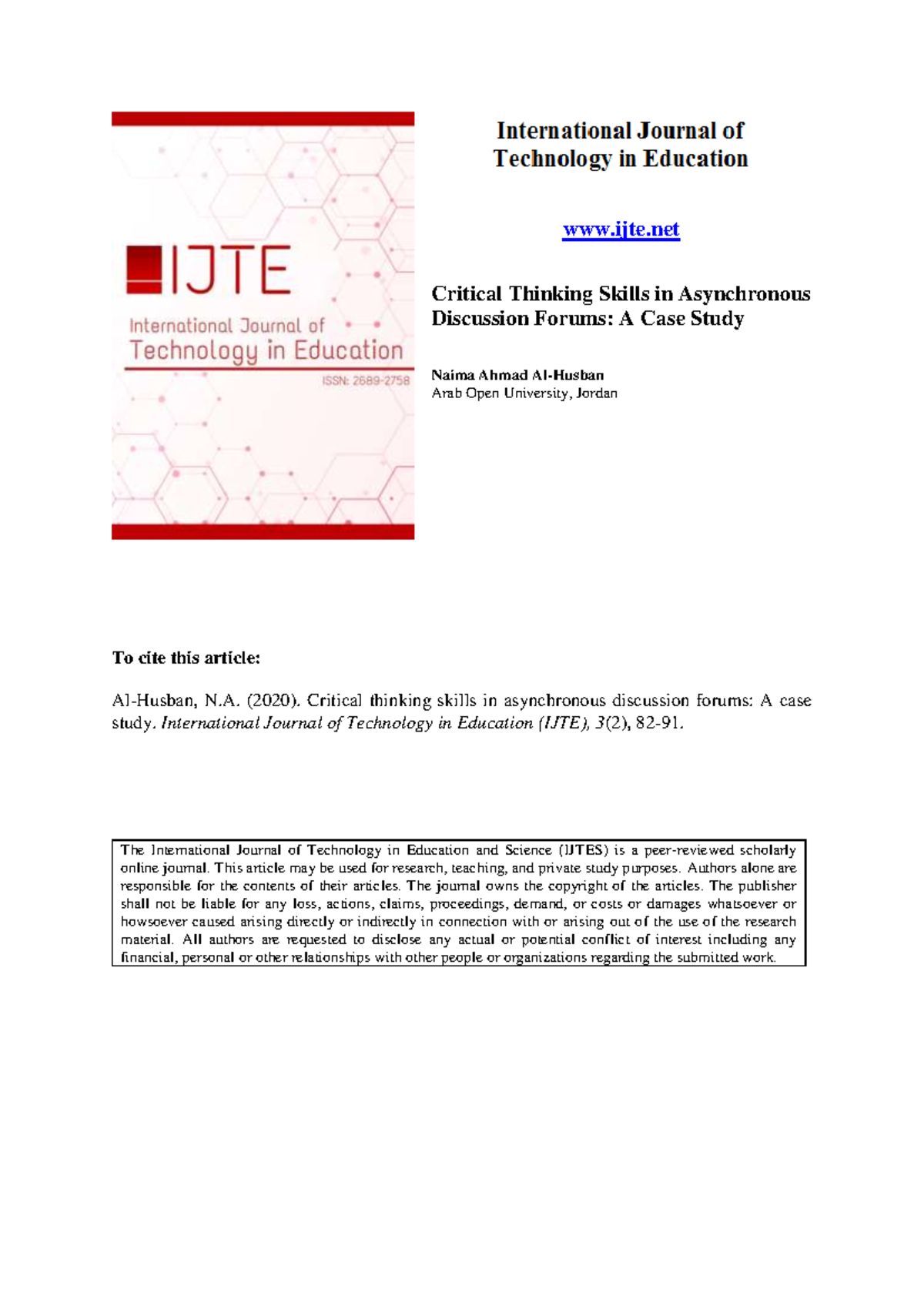 22 119 2 PB - presentation - ijte Critical Thinking Skills in Asynchronous Discussion Forums: A ...