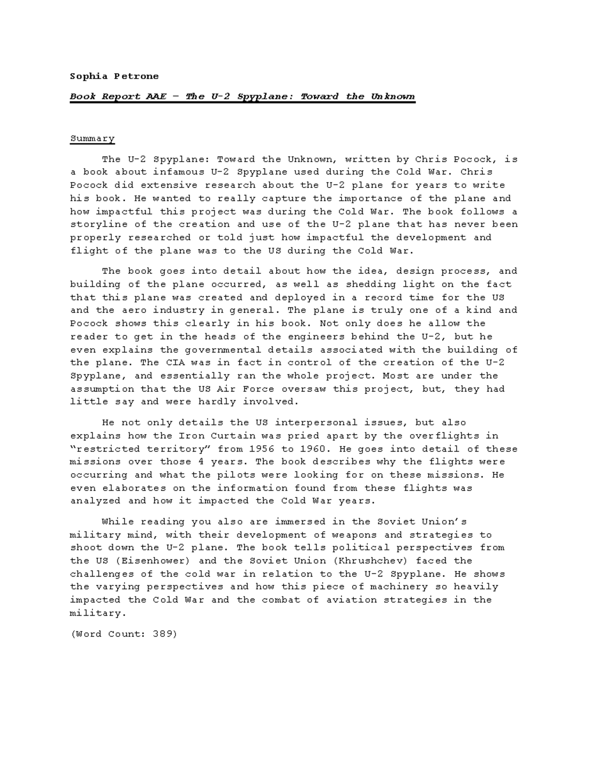 Book report AAE turn in - Sophia Petrone Book Report AAE – The U-2 ...