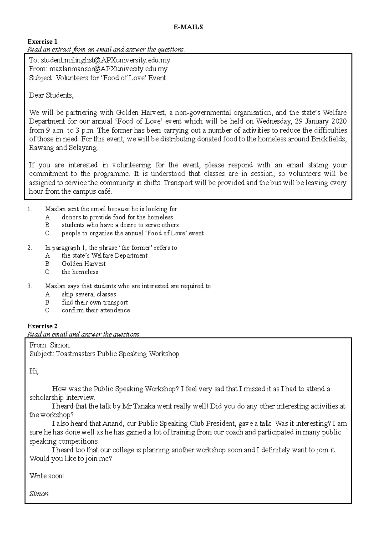 Emails - MUET WRITING PRACTICE - E-MAILS Exercise 1 Read an extract ...