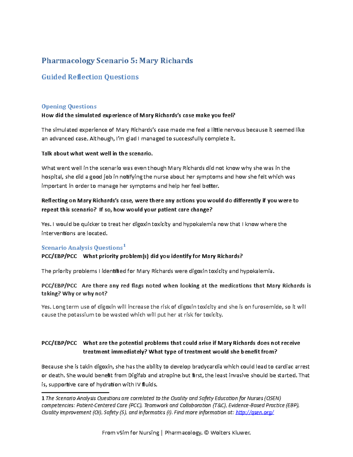 Guided Reflection MR - Pharmacology Scenario 5: Mary Richards Guided ...
