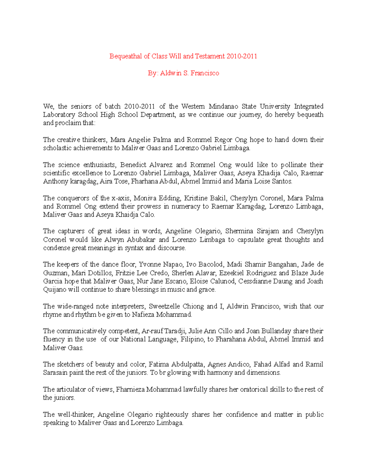 Bequeathal of Class Will and Testament 2010 - Francisco We, the seniors ...