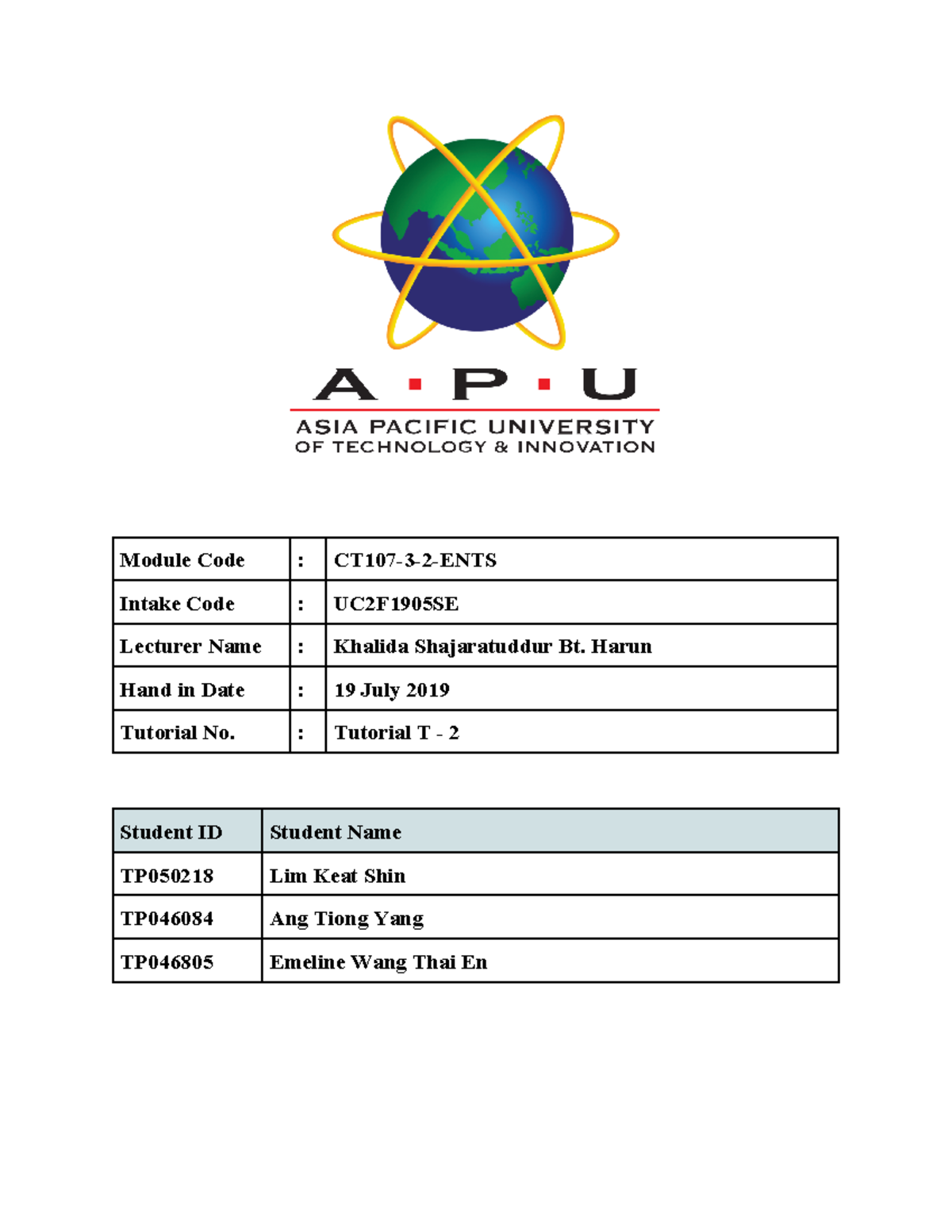 ENTS Group Assignment - Module Code : CT107-3-2-ENTS Intake Code : UC2F1905SE Lecturer Name ...