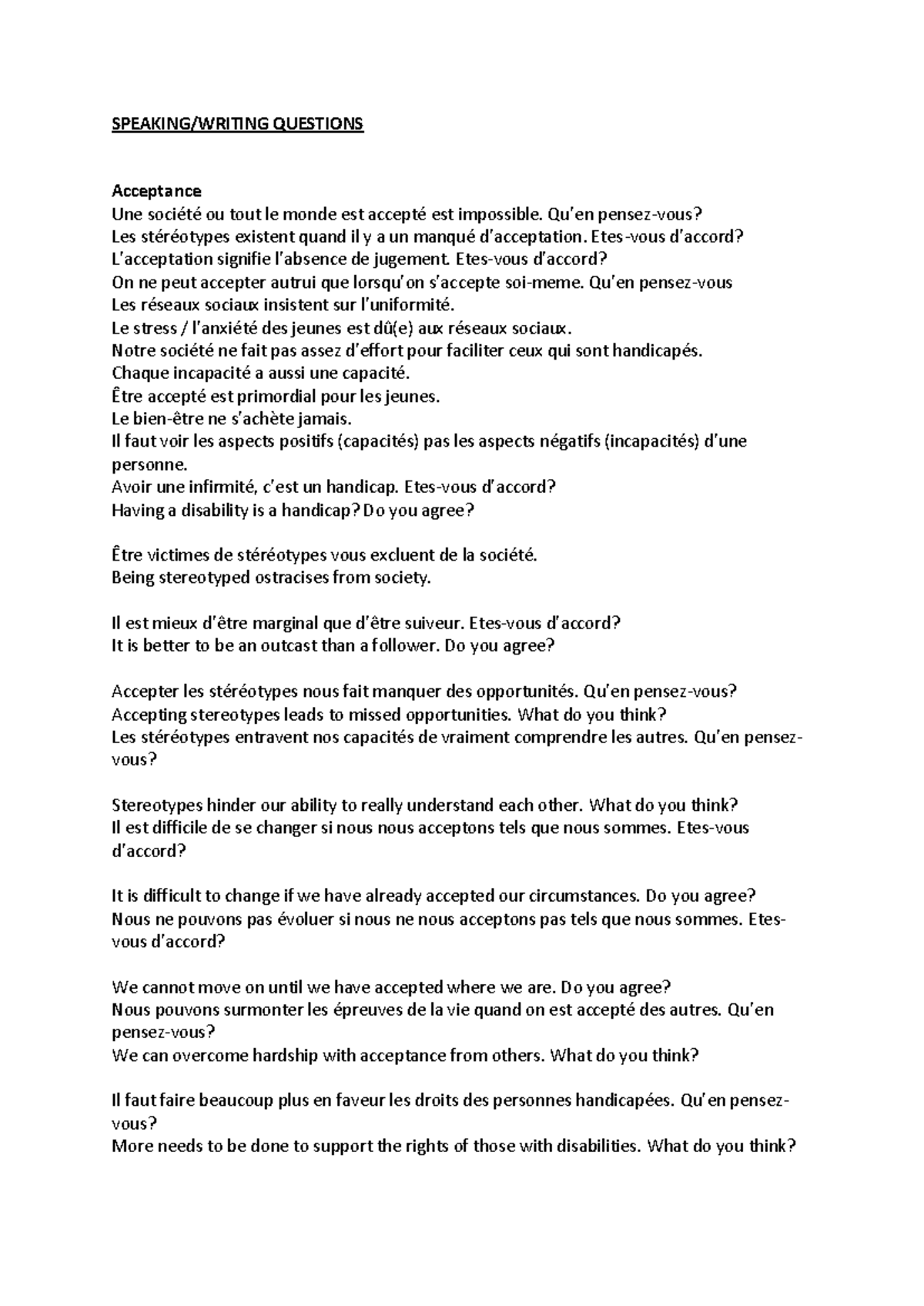 Speaking and writing topics Final - SPEAKING/WRITING QUESTIONS ...