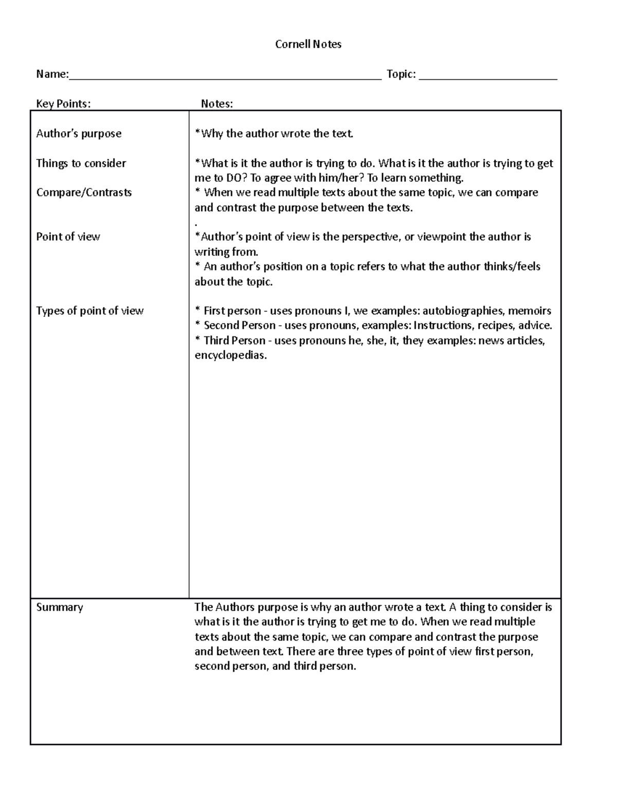Authors purpose Cornell Notes - Cornell Notes - Studocu