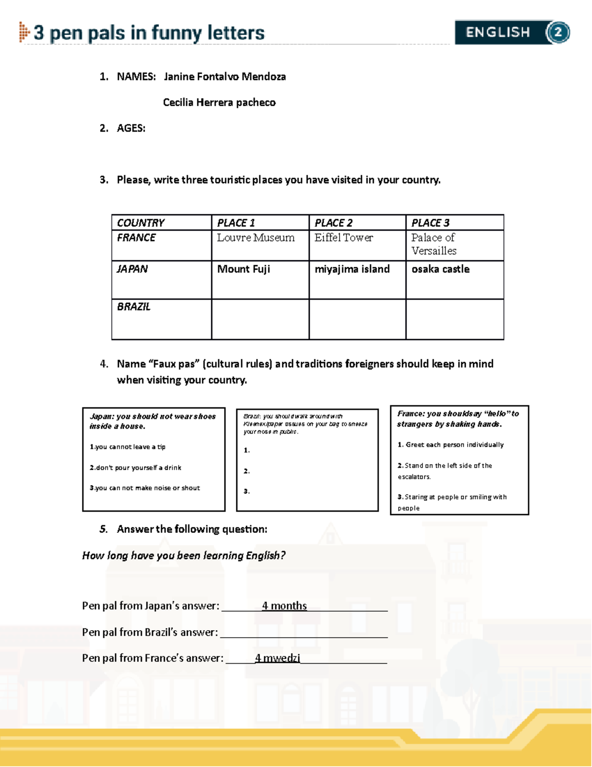 Pen Pal application form - NAMES: Janine Fontalvo Mendoza Cecilia ...