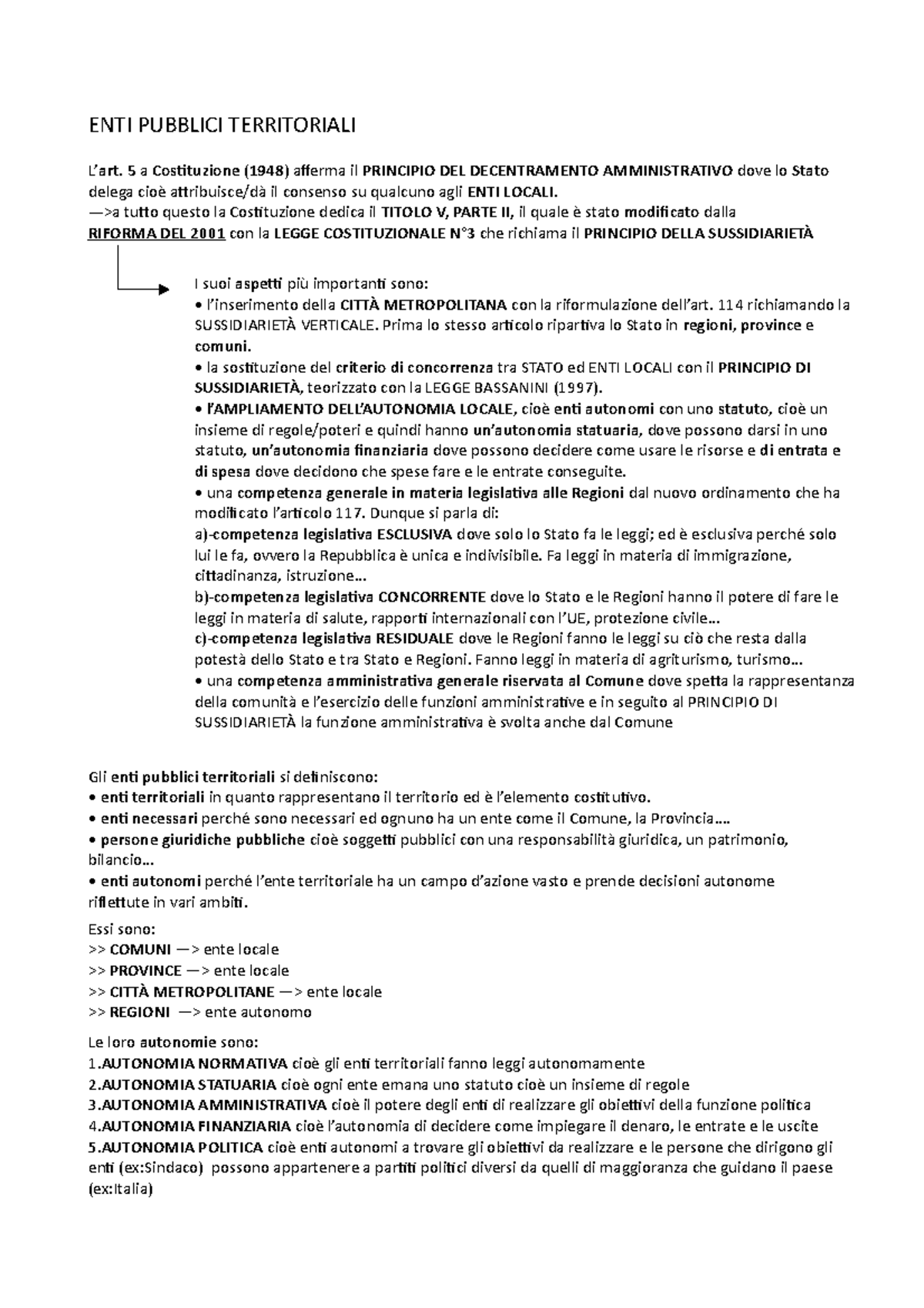 Diritto - ENTI PUBBLICI TERRITORIALI L’art. 5 a Costituzione ( 1948 ...