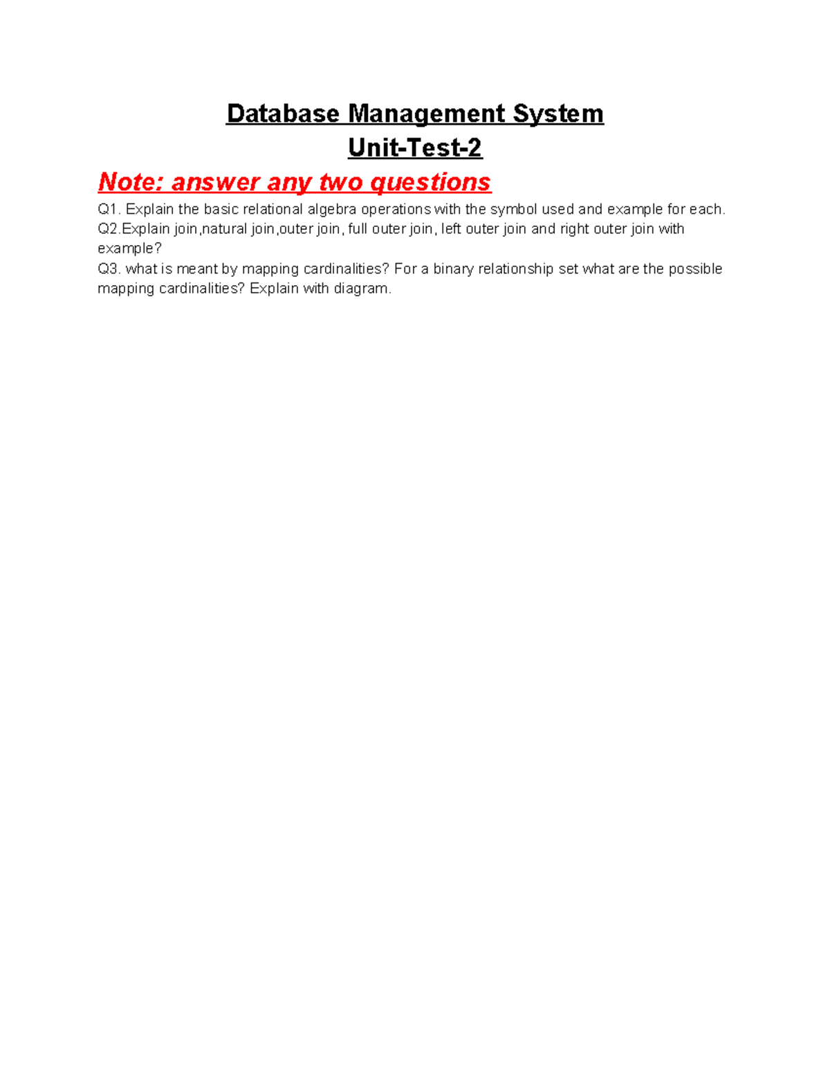 Unit-test-2 - notes to read - Bachelor of Technology - Database ...