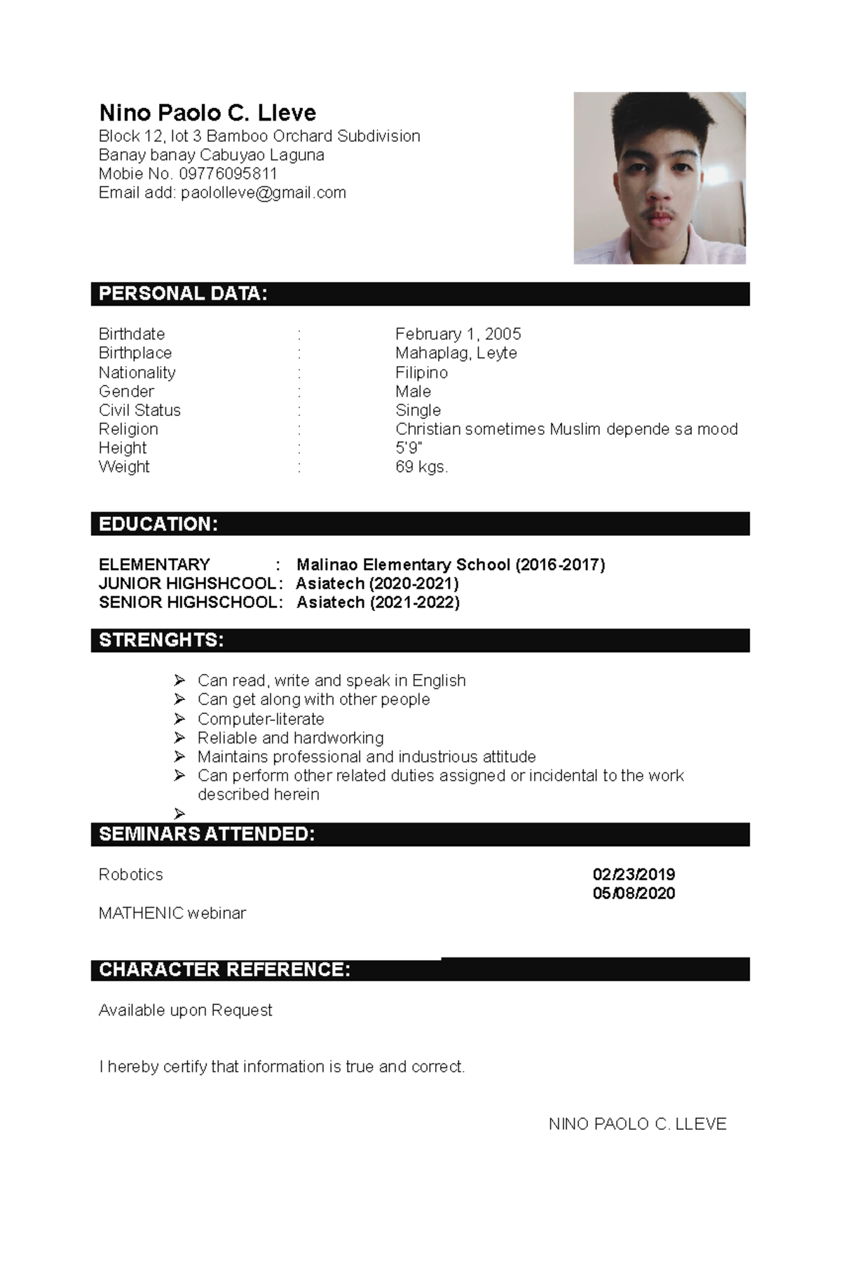 Paolos-resume format - Nino Paolo C. Lleve Block 12, lot 3 Bamboo ...