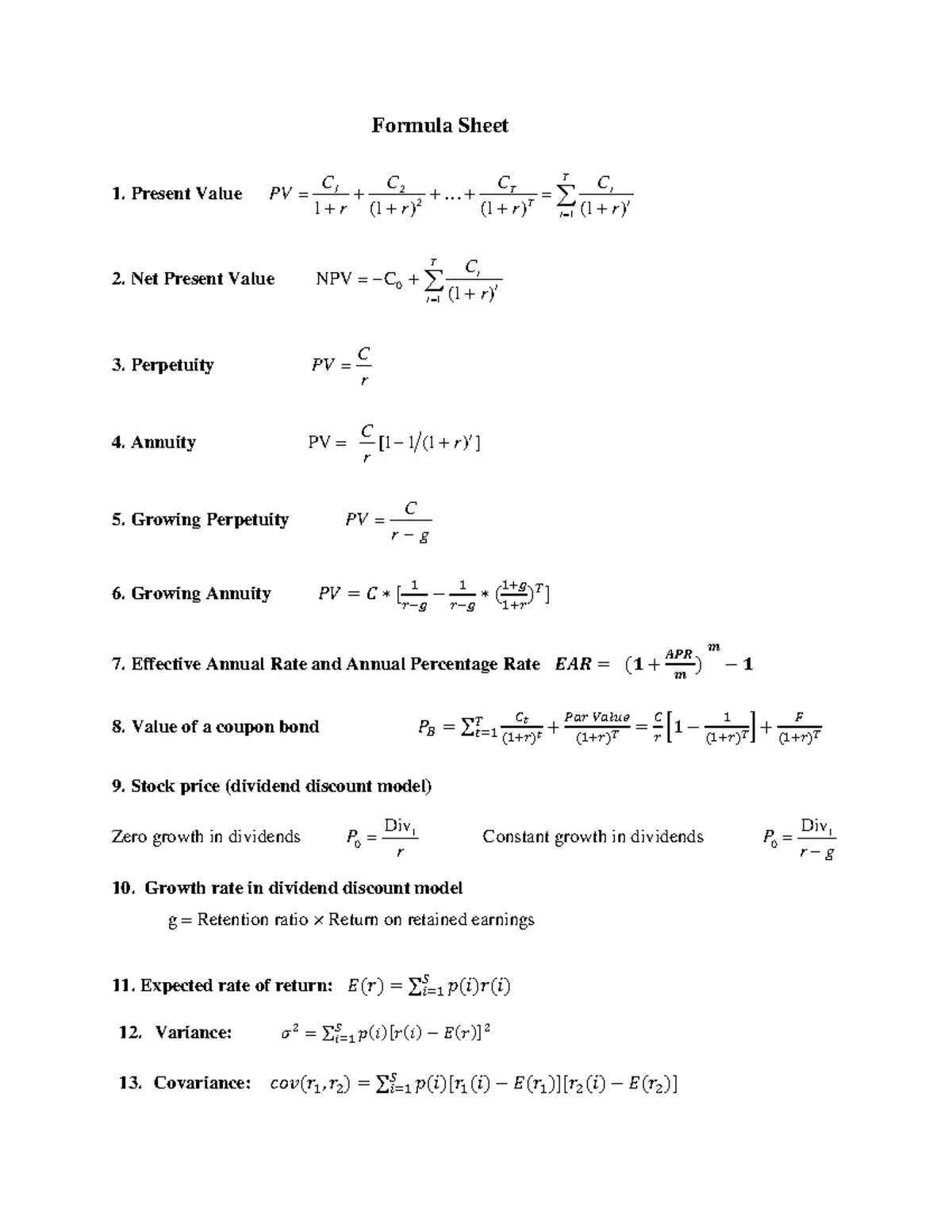 Midterm formula sheet for 3311 advanced finance - Formula Sheet 1. Present Value ∑ ...