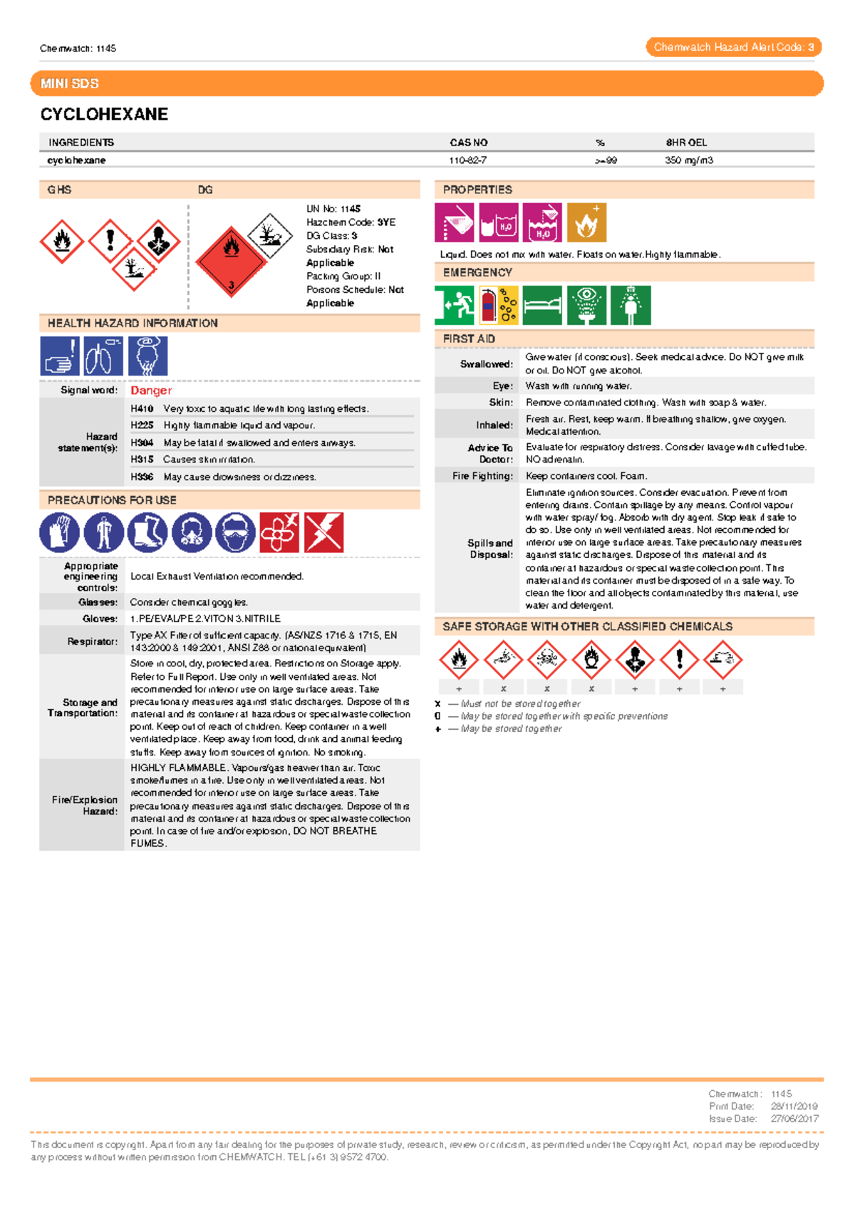 Cyclohexane - idk - Chemwatch: 1145 Chemwatch Hazard Alert Code: 3 ...