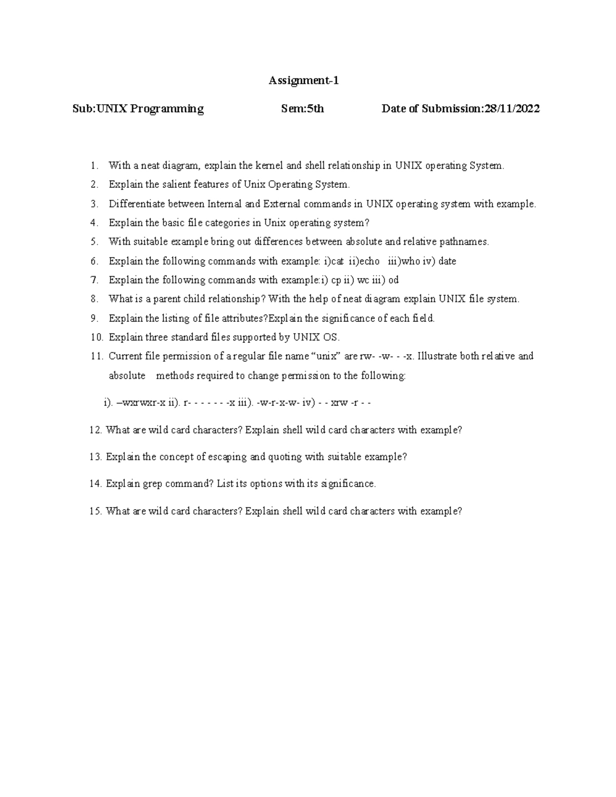 Unixassignment-1 - cns - Assignment- Sub:UNIX Programming Sem:5th Date of Submission:28/11/ 1 ...