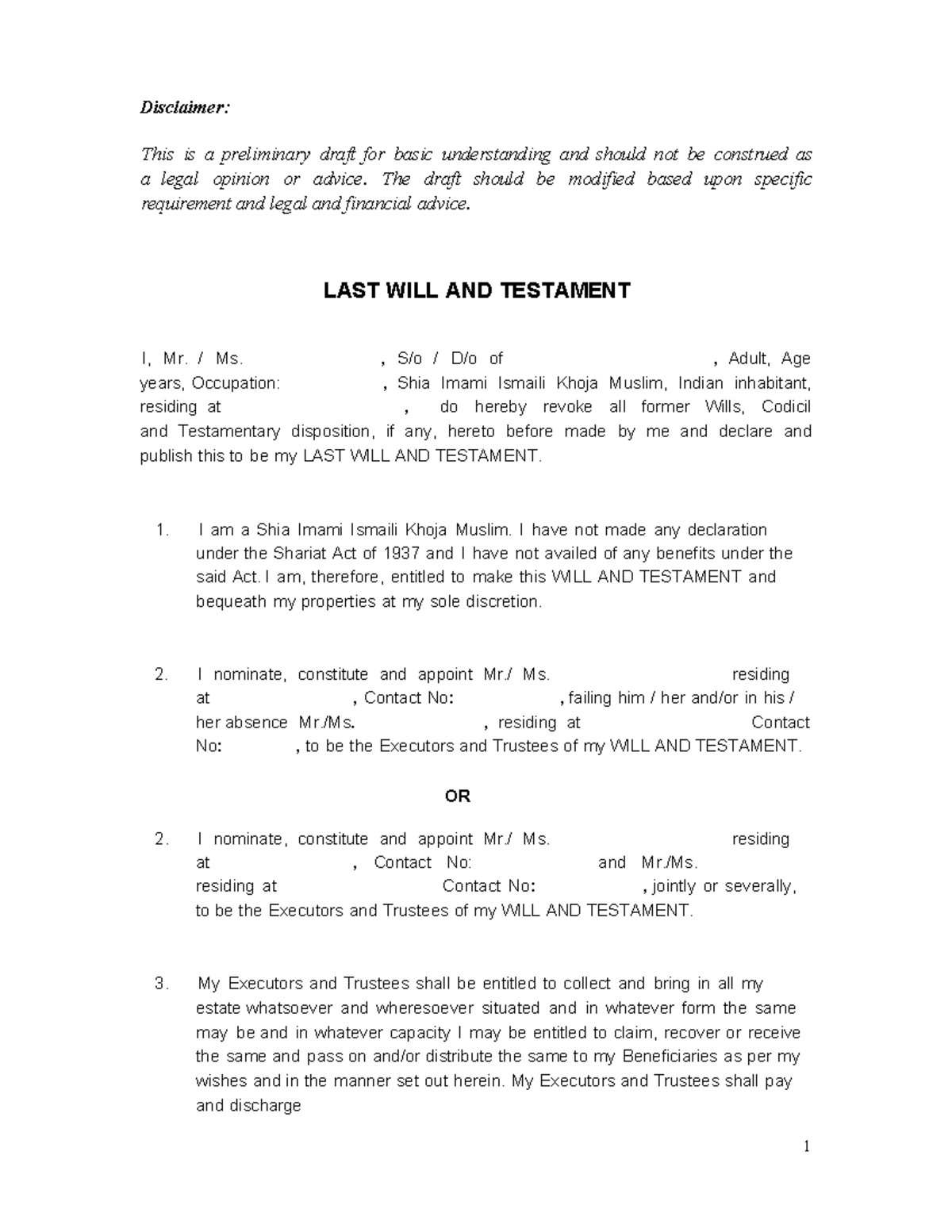 Format of a Draft WILL - May 2020 - English - Disclaimer: This is a ...