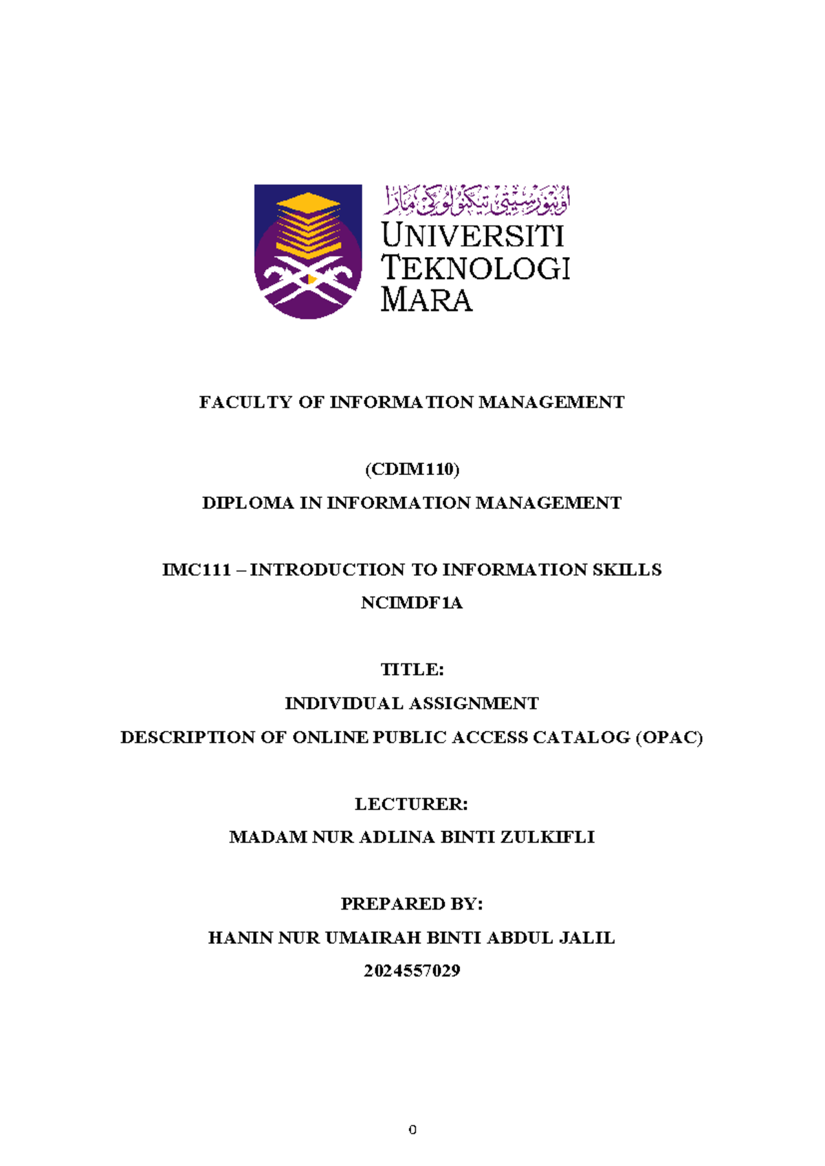Individual Assignment - Description of OPAC - Copy - FACULTY OF ...