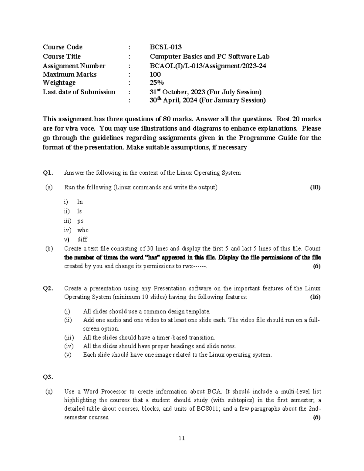 BCSL-013 - Assignments - 11 Course Code : BCSL- Course Title : Computer Basics and PC Software ...