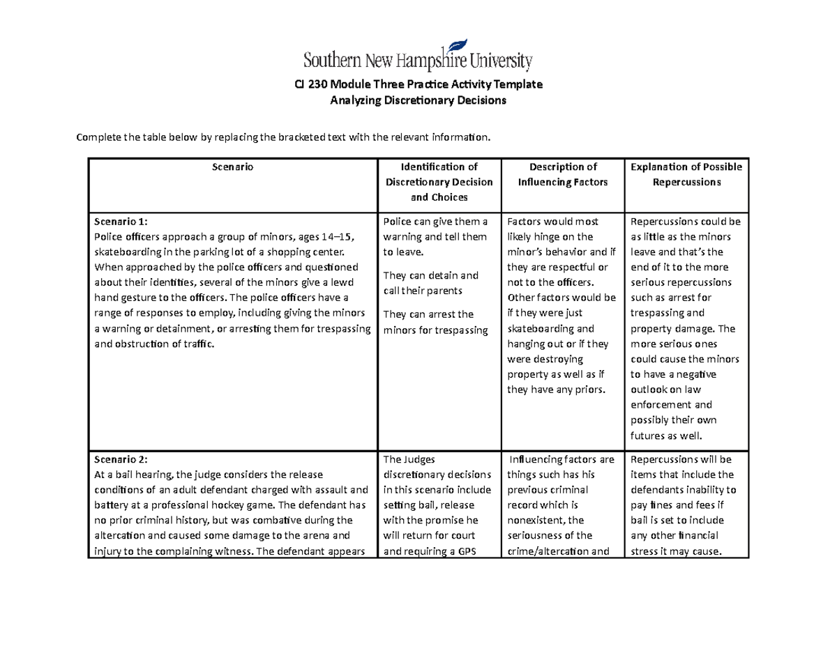 CJ 230 Module Three Practice Activity - Scenario Identification of ...