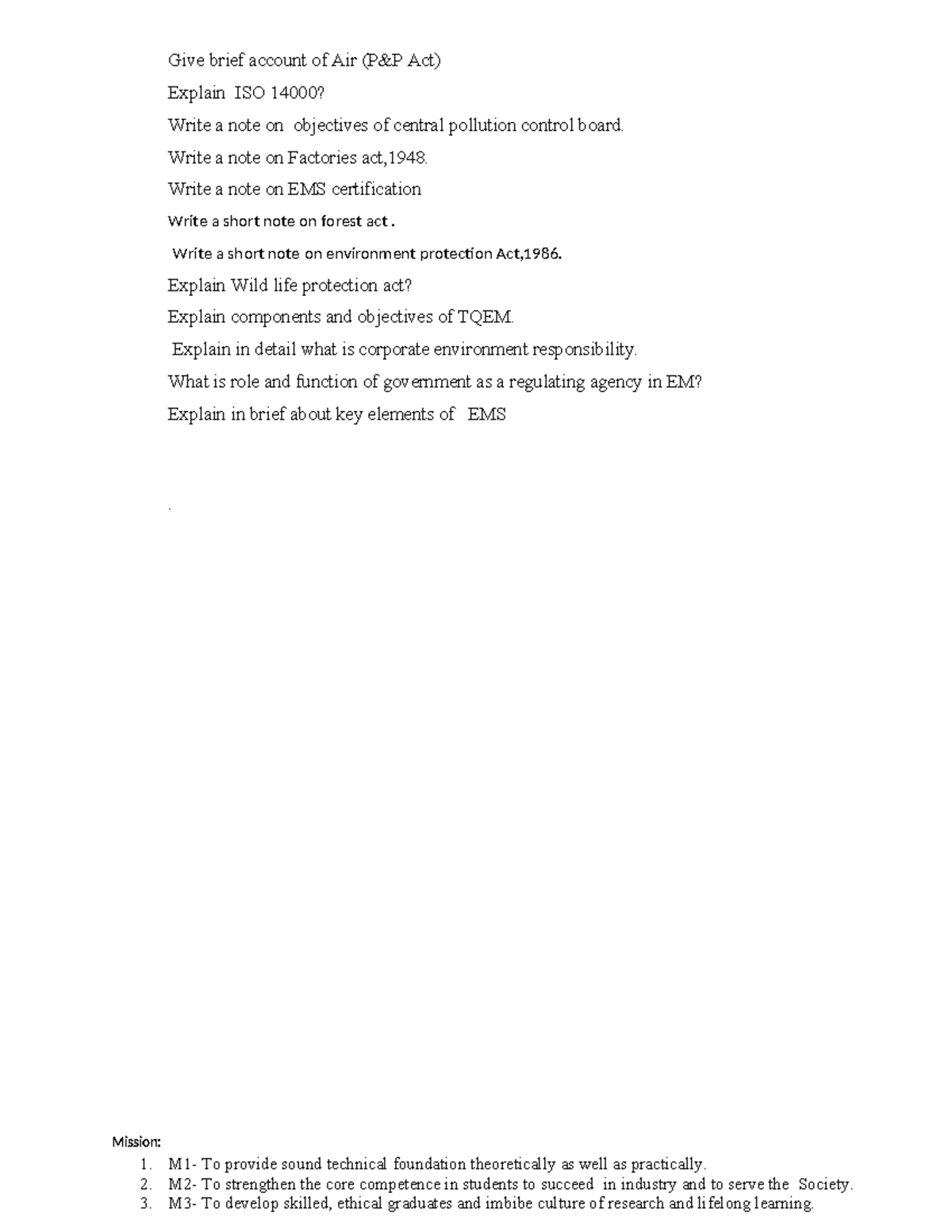QB - questions - Give brief account of Air (P&P Act) Explain ISO 14000 ...