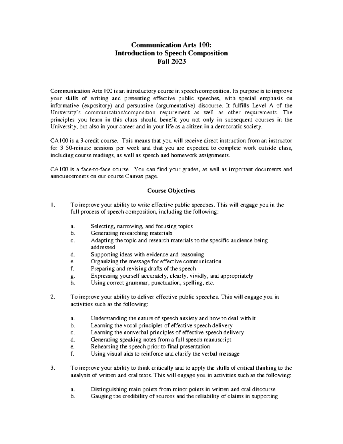 CA100 Course Syllabus - Communication Arts 100: Introduction to Speech ...