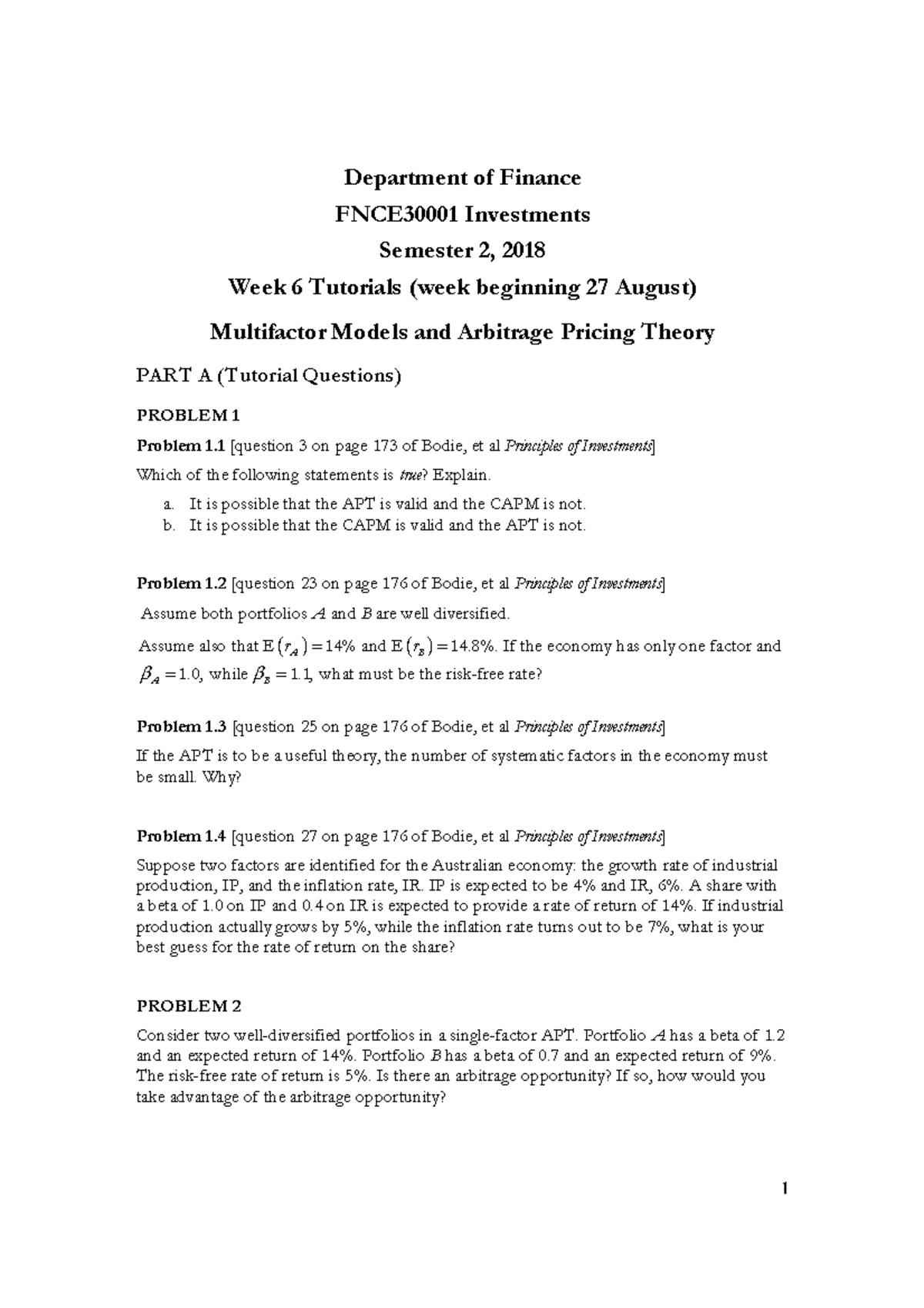 Tutorial and Assignment Questions Week 6 - Department of Finance ...