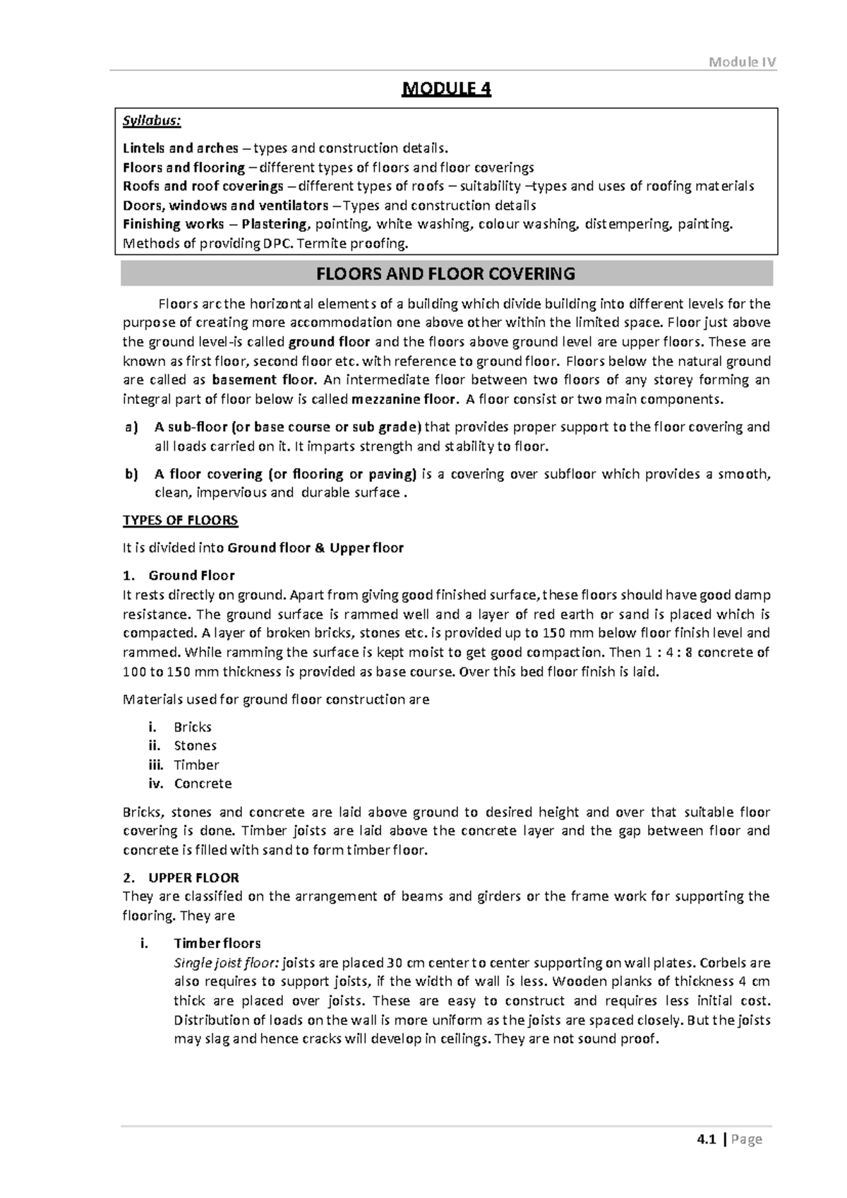 Module 4 Part 1 - Lecture notes Construction Technology - Syllabus ...