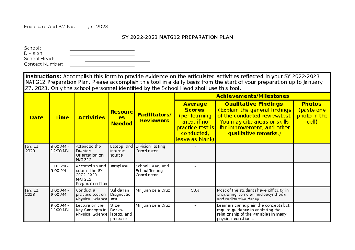 SY 2022-2023 NATG12 Preparation Plan - Day 1 Jan 13 - Enclosure A of RM ...