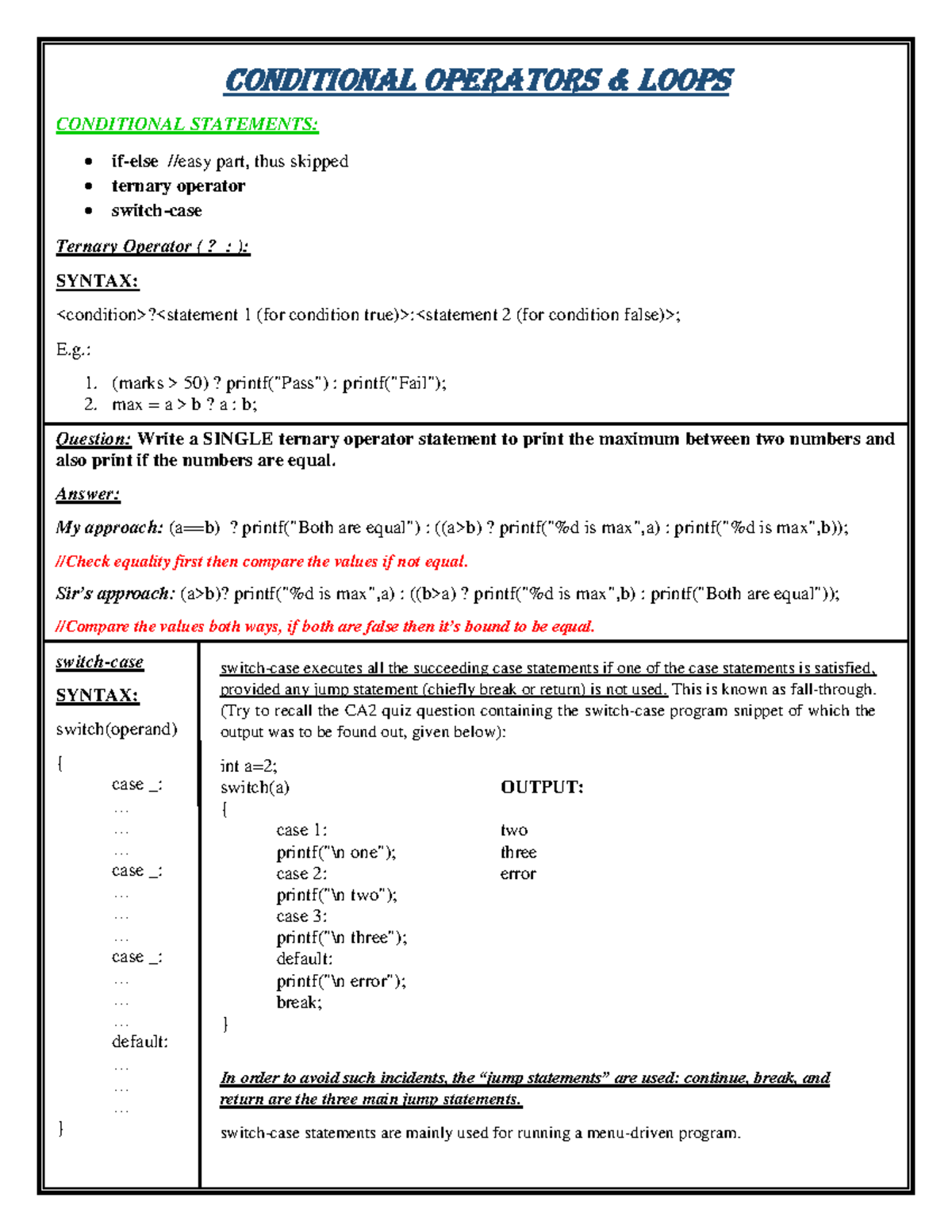 Conditional Operators And Loops Csdm Switch Case Executes All The Succeeding Case Statements