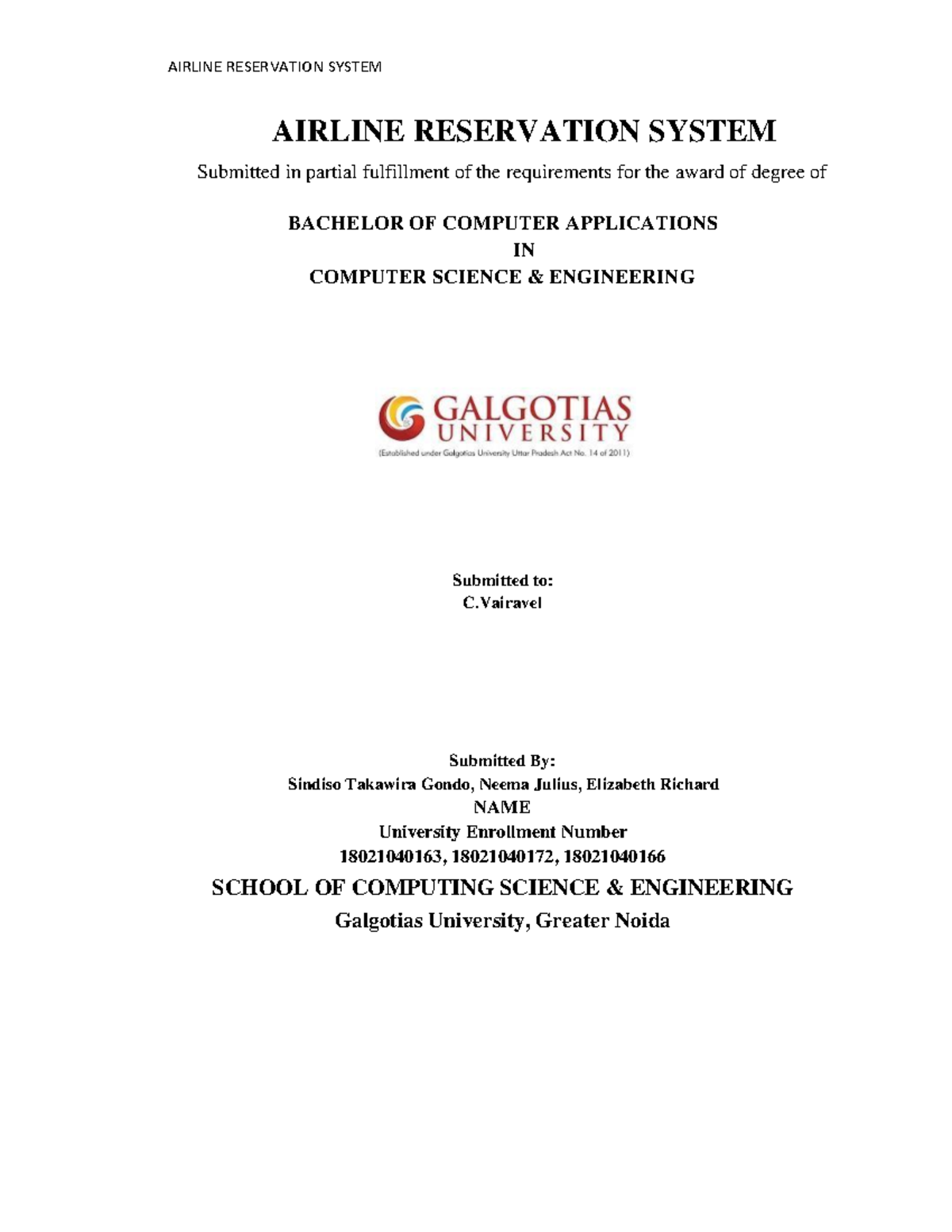 Project Report - AIRLINE RESERVATION SYSTEM Submitted in partial ...