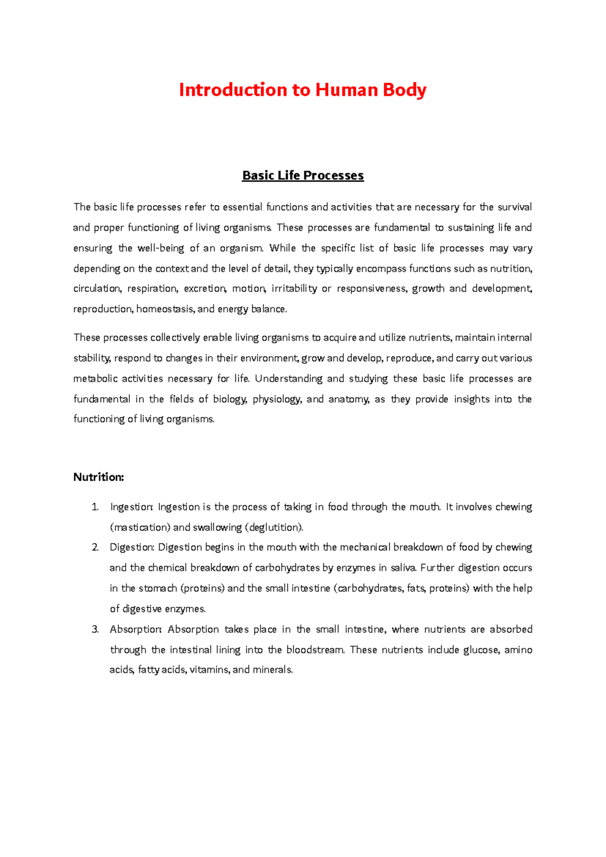 Basic Life Processes and Homeostasis - Introduction to Human Body Basic ...
