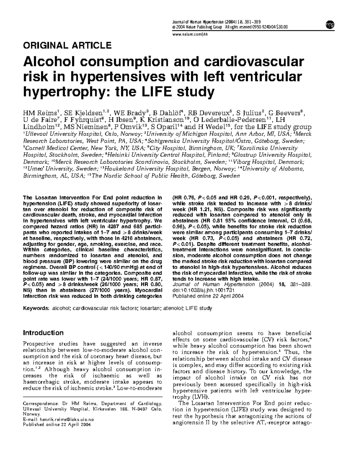 Alcohol consumption and cardiovascular r - ORIGINAL ARTICLE Alcohol ...