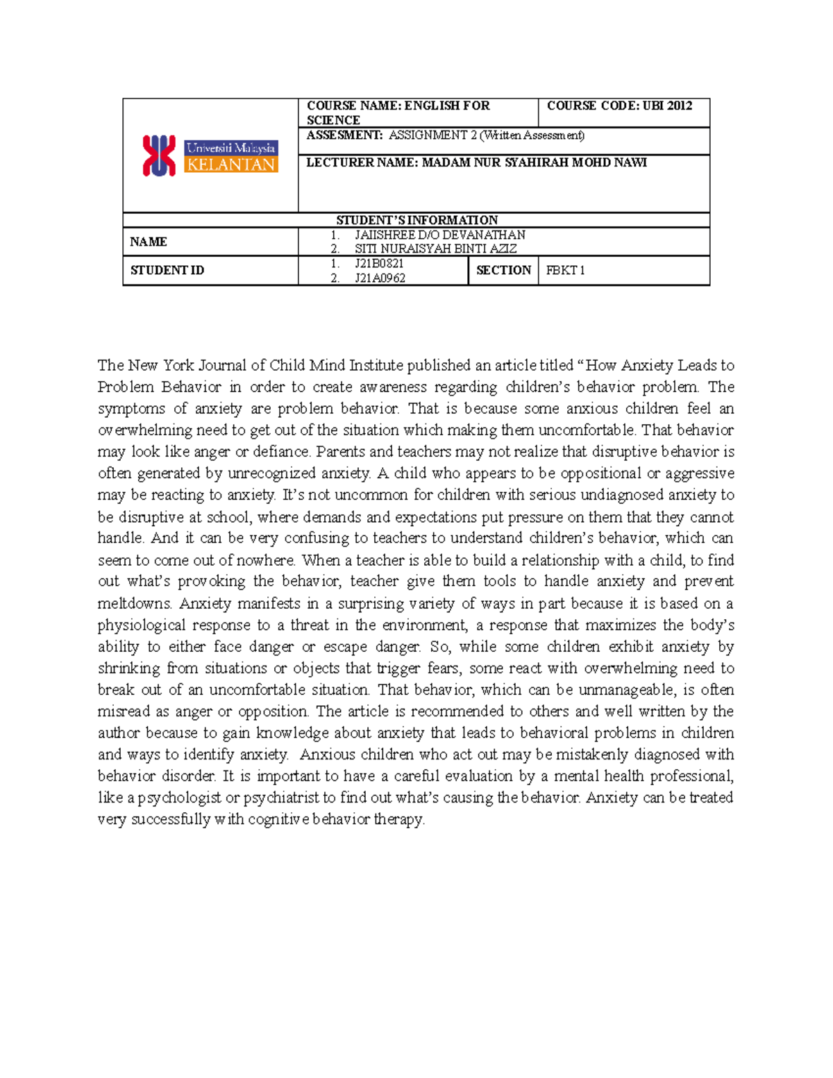 Article review example - COURSE NAME: ENGLISH FOR SCIENCE COURSE CODE ...