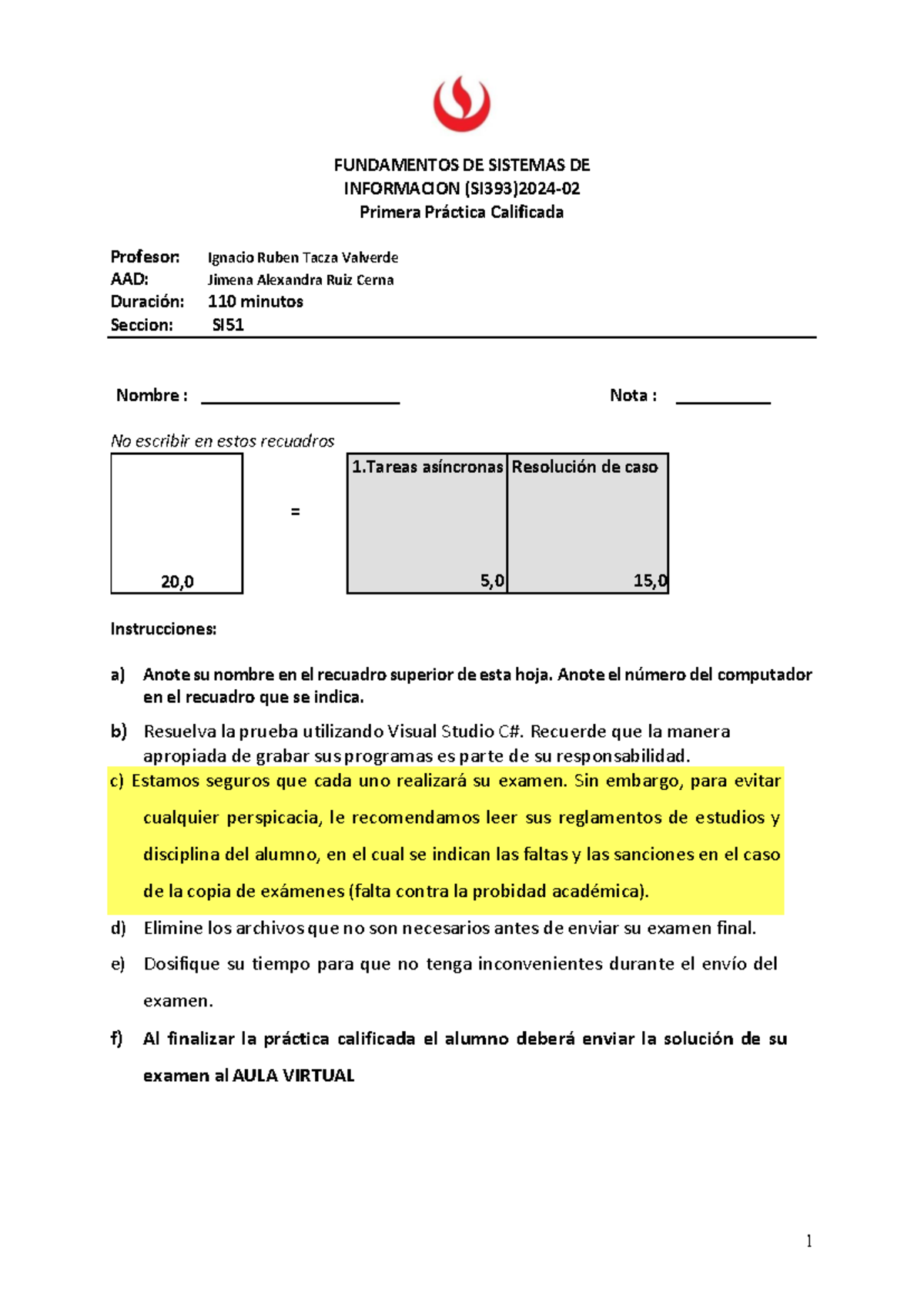 PC1 2024 2 - dfgbn - 1 FUNDAMENTOS DE SISTEMAS DE INFORMACION (SI393 ...