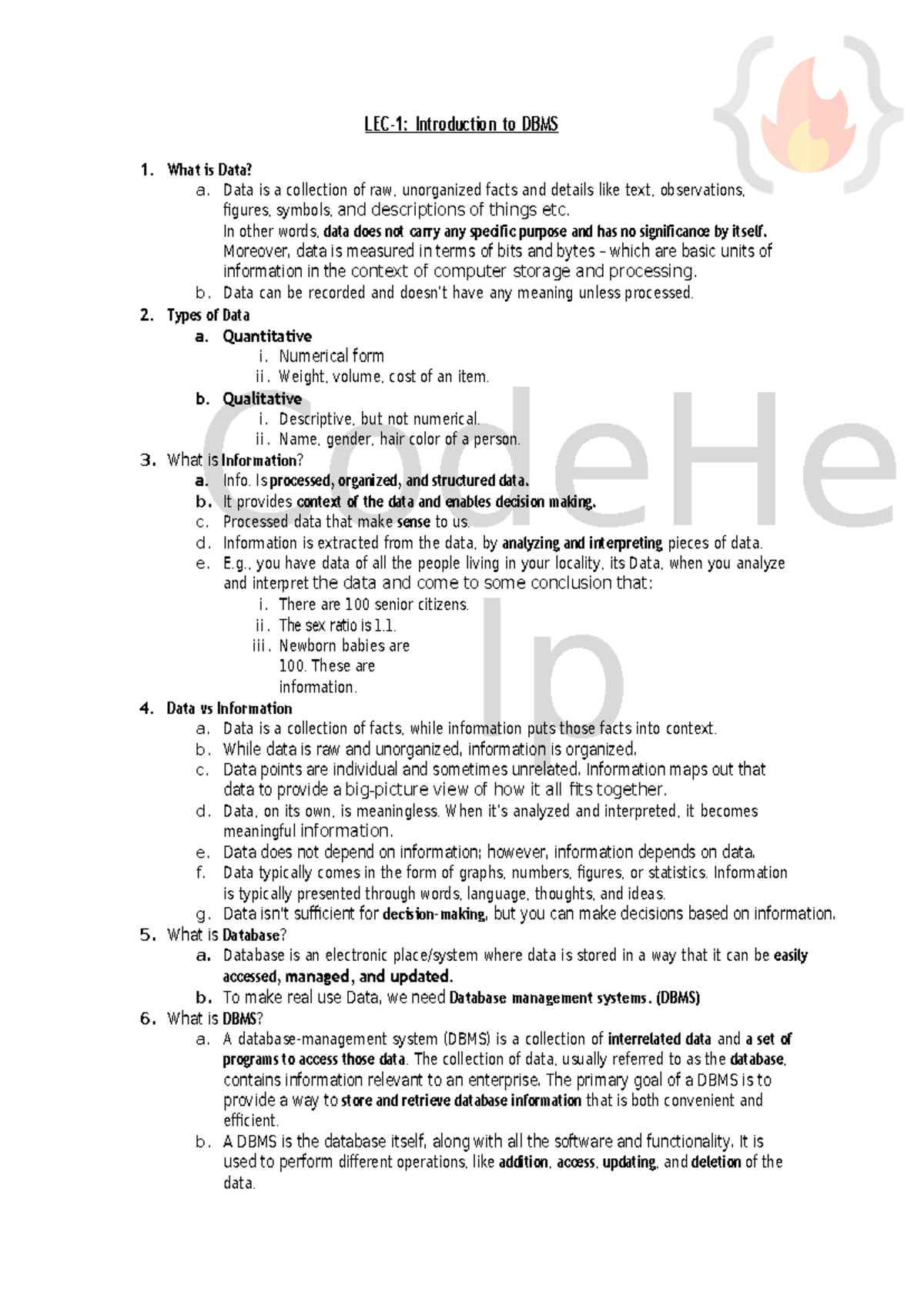 DBMS notes - CodeHe lp LEC-1: Introduction to DBMS What is Data? a ...