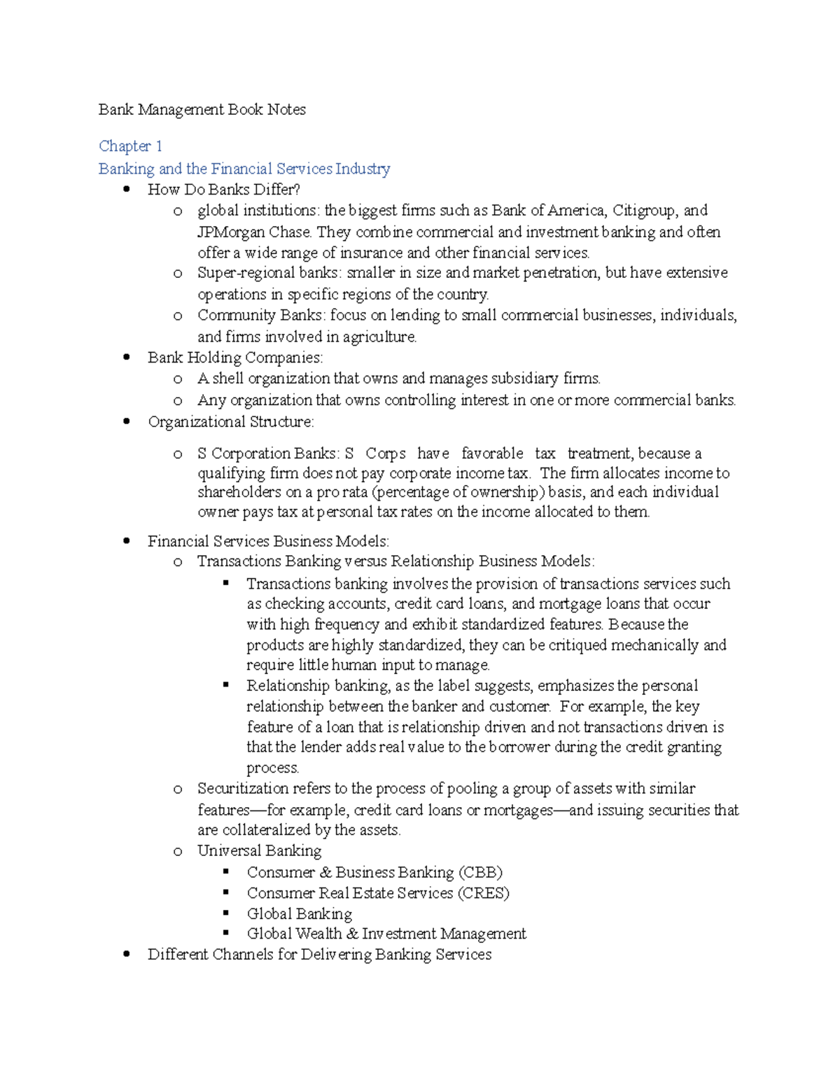 Bank Management Book Notes 1-3 - FIN 4763 - ASU - Studocu