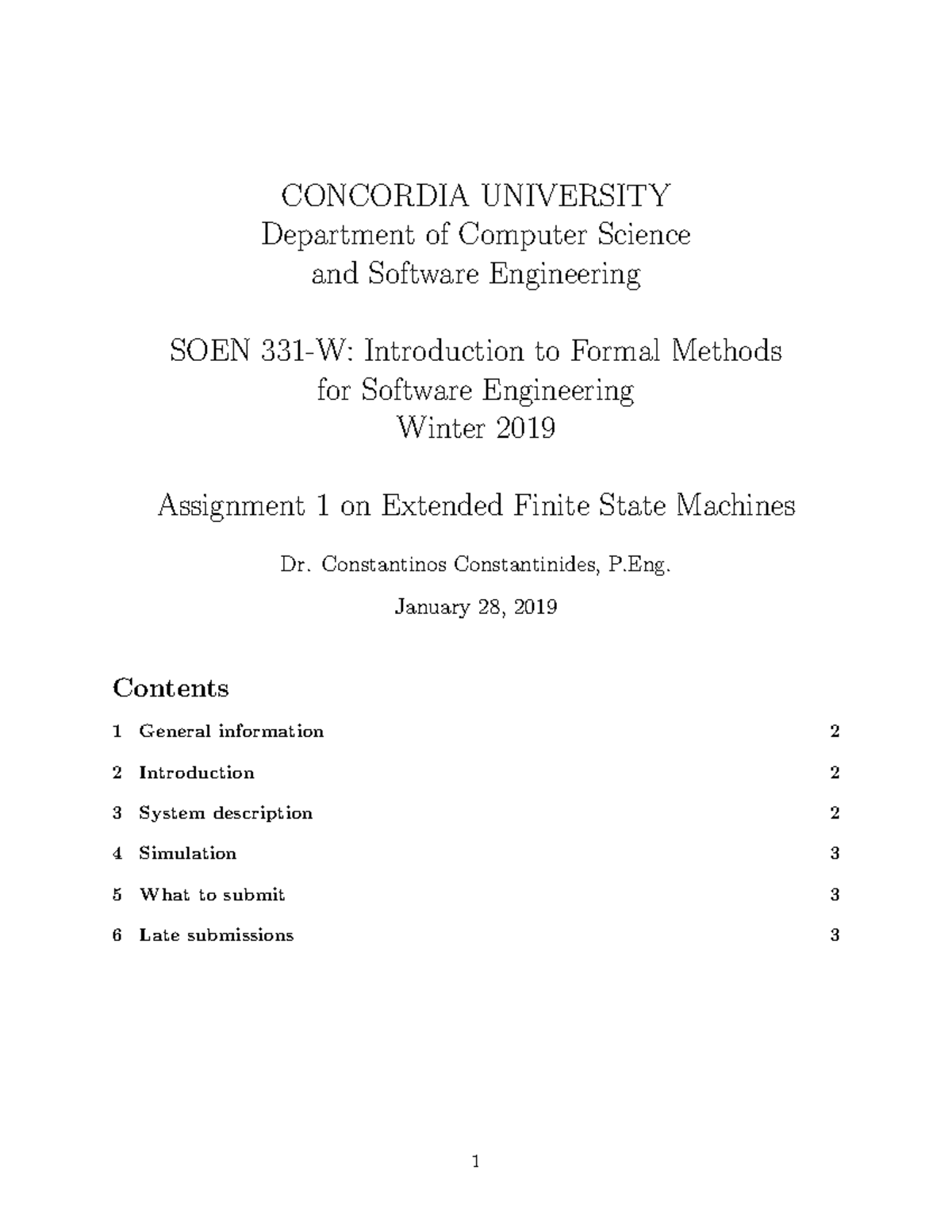 Assignment 1(efsm) - CONCORDIA UNIVERSITY Department of Computer Science and Software ...