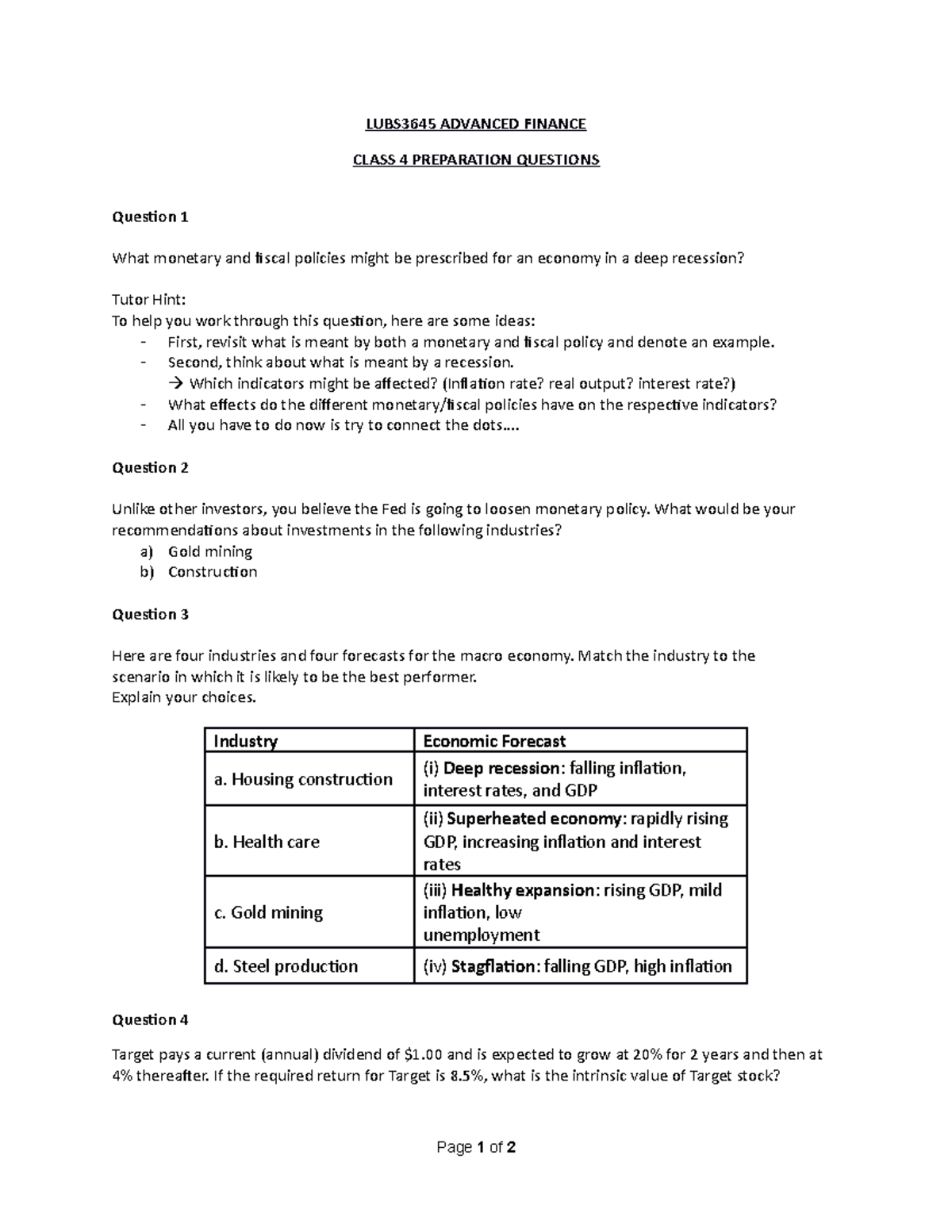 Class 4 Preparation Questions - LUBS3645 ADVANCED FINANCE CLASS 4 ...