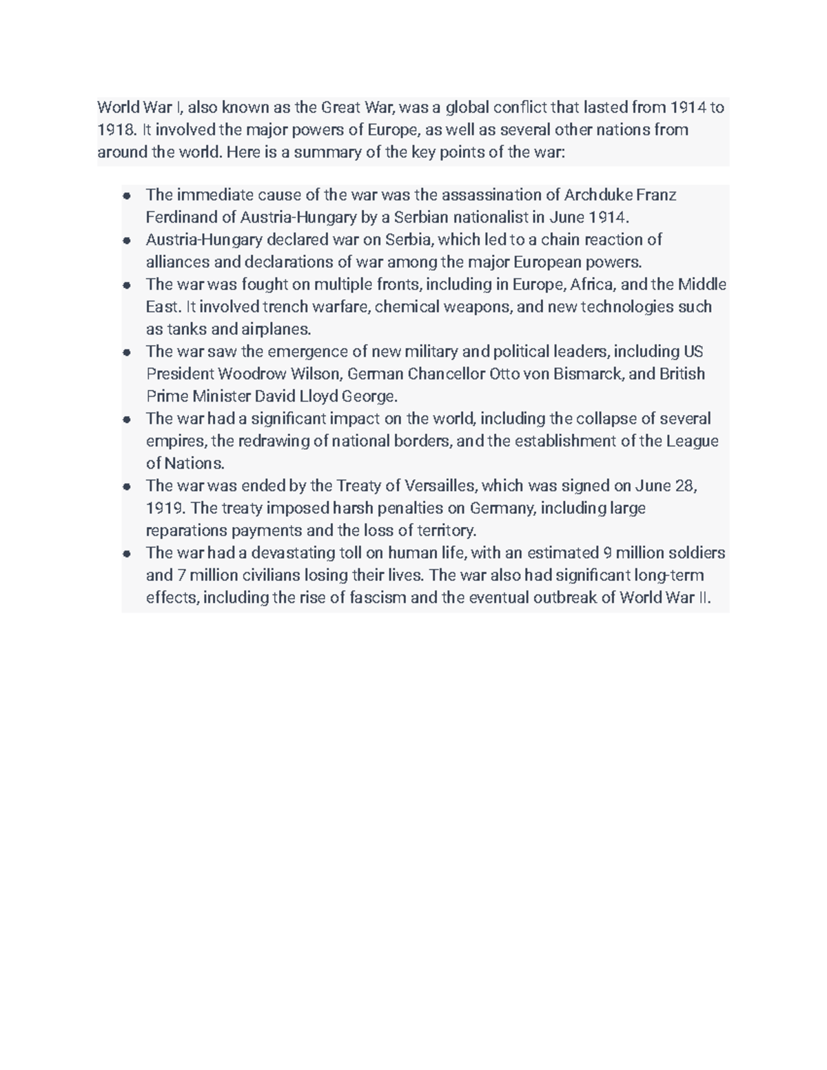 Untitled document - notes - World War I, also known as the Great War ...