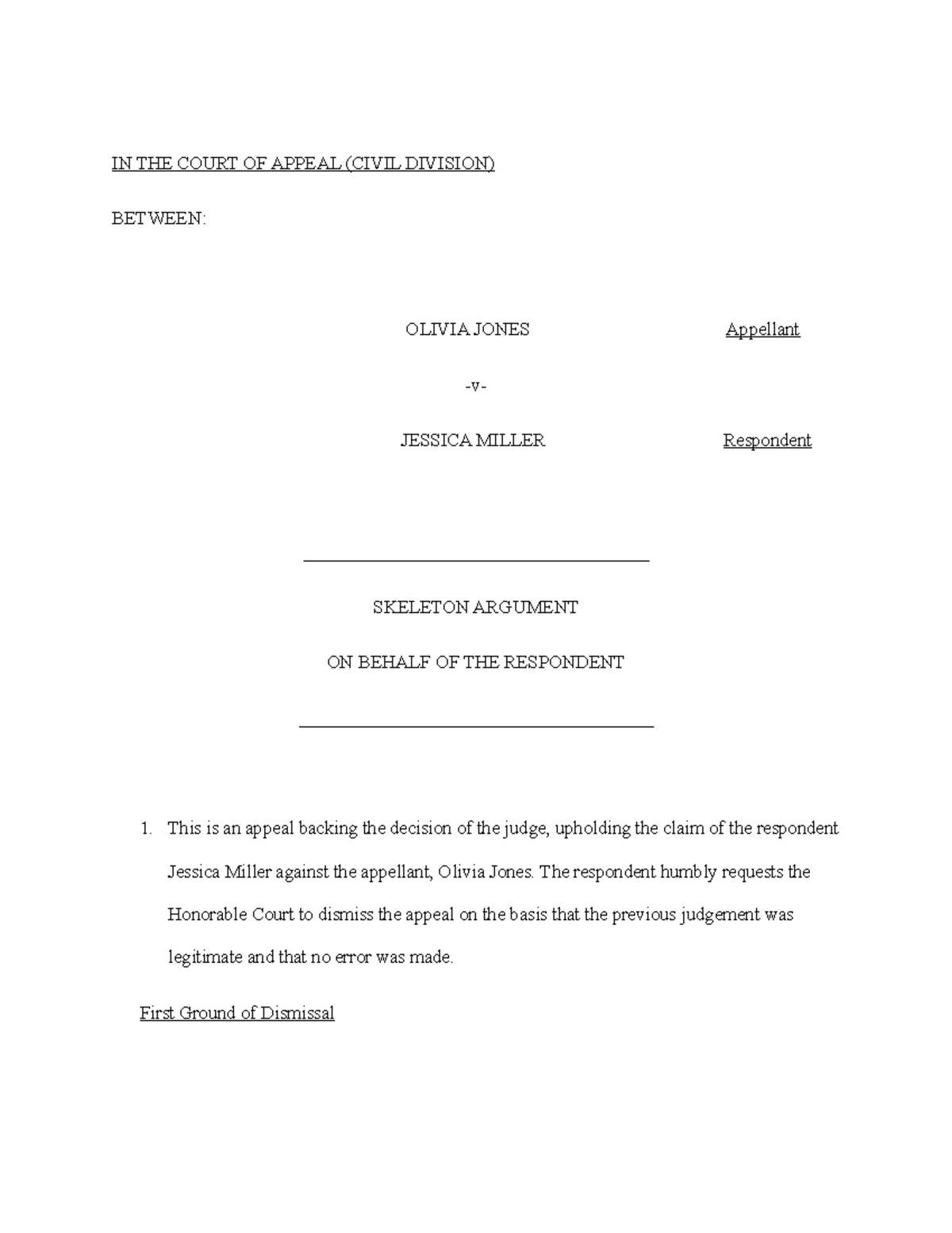 Skeleton Argument In Lawyer Skills Mooting IN THE COURT OF APPEAL