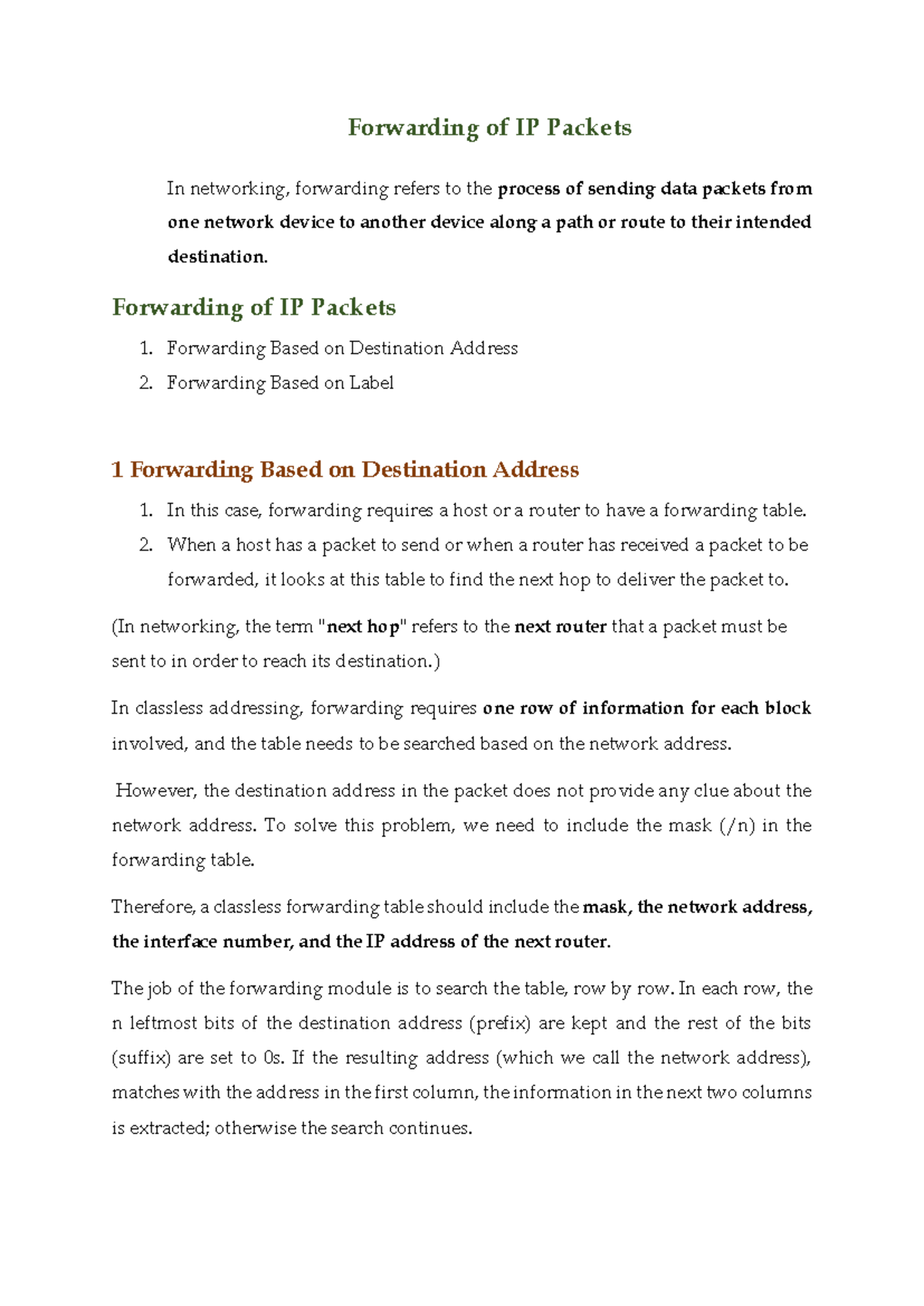 Forwarding of IP Packets - Forwarding of IP Packets Forwarding Based on Destination Address ...