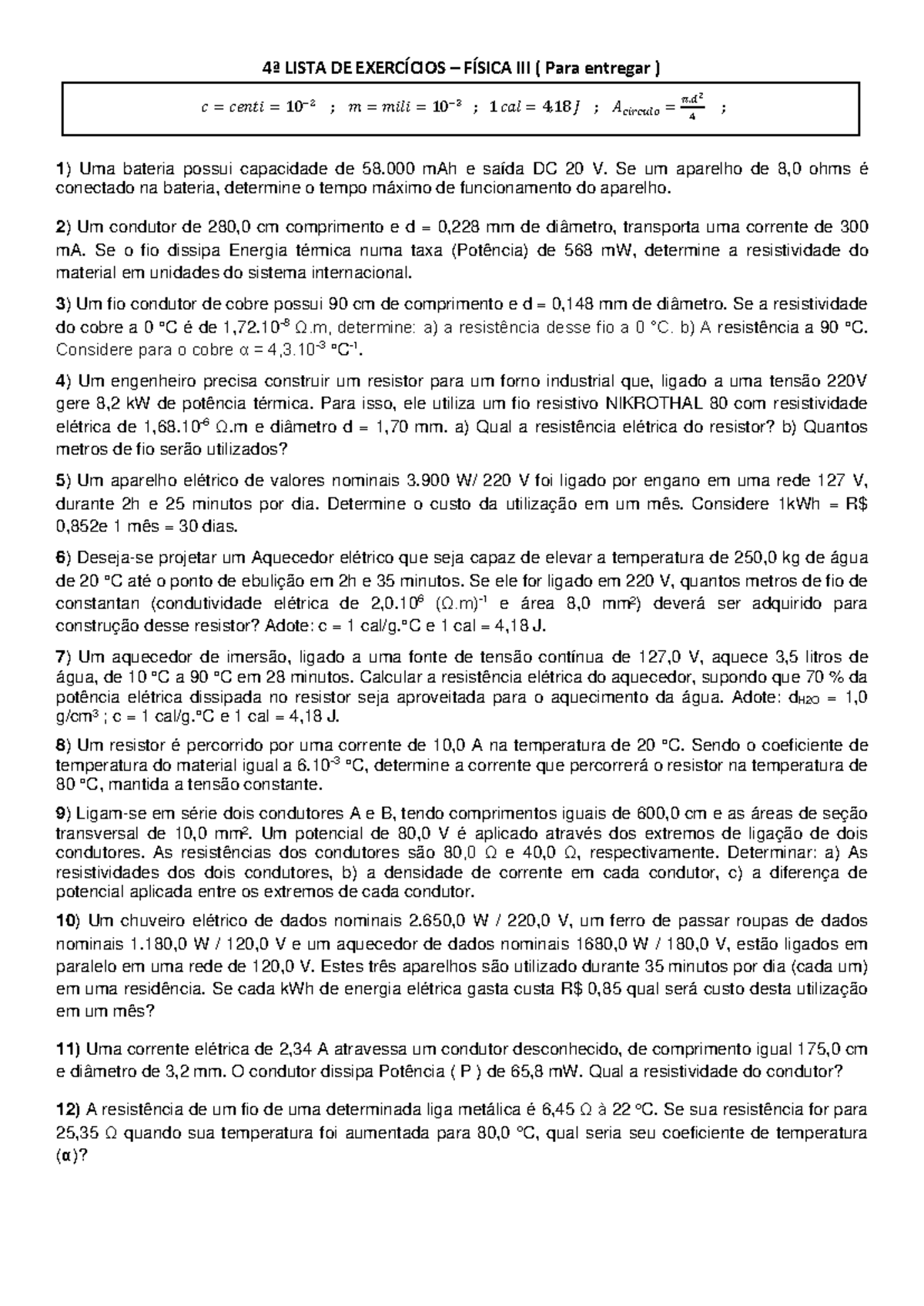 4o Lista de ex Corrente eletrica EEP ( para entregar ) 1o sem 2023 - 4ª LISTA DE EXERCÍCIOS ...