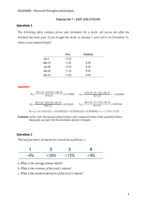 Tutorial 9 Key Solution - FNCE5008 Finance Principles and Analysis Tutorial 9- Key solutions ...