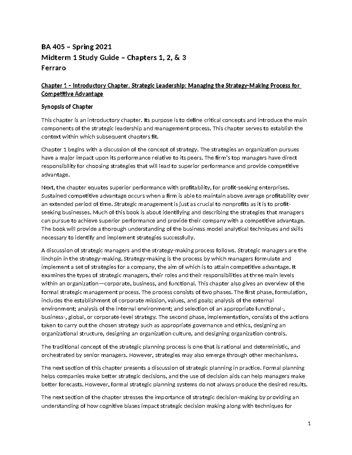 Midterm 1 Study Guide Final 02182021 - BA 405 – Spring 2021 Midterm 1 Study Guide – Chapters 1 ...