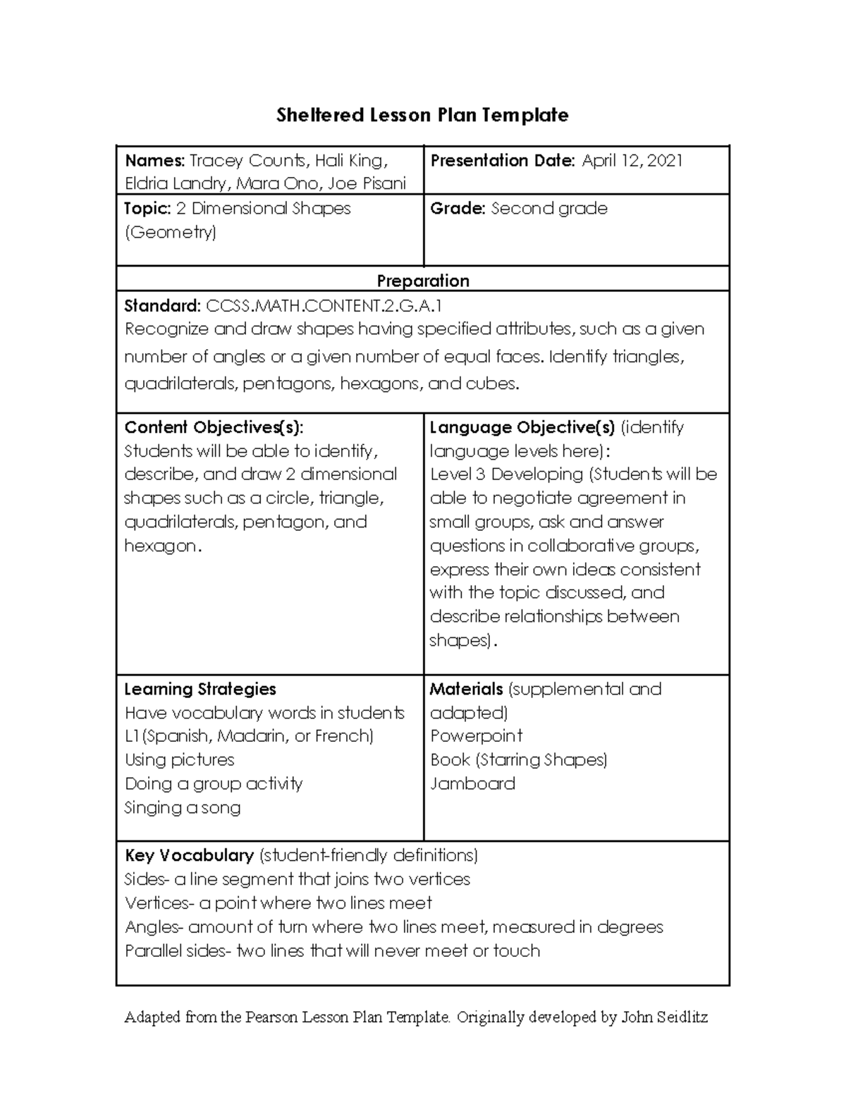 Lesson Plan Template - Sheltered Lesson Plan Template Names: Tracey ...