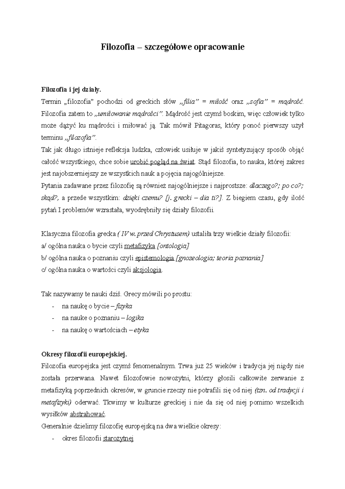 Historia Filozofii Szczegółowe Notatki Filozofia Szczegółowe