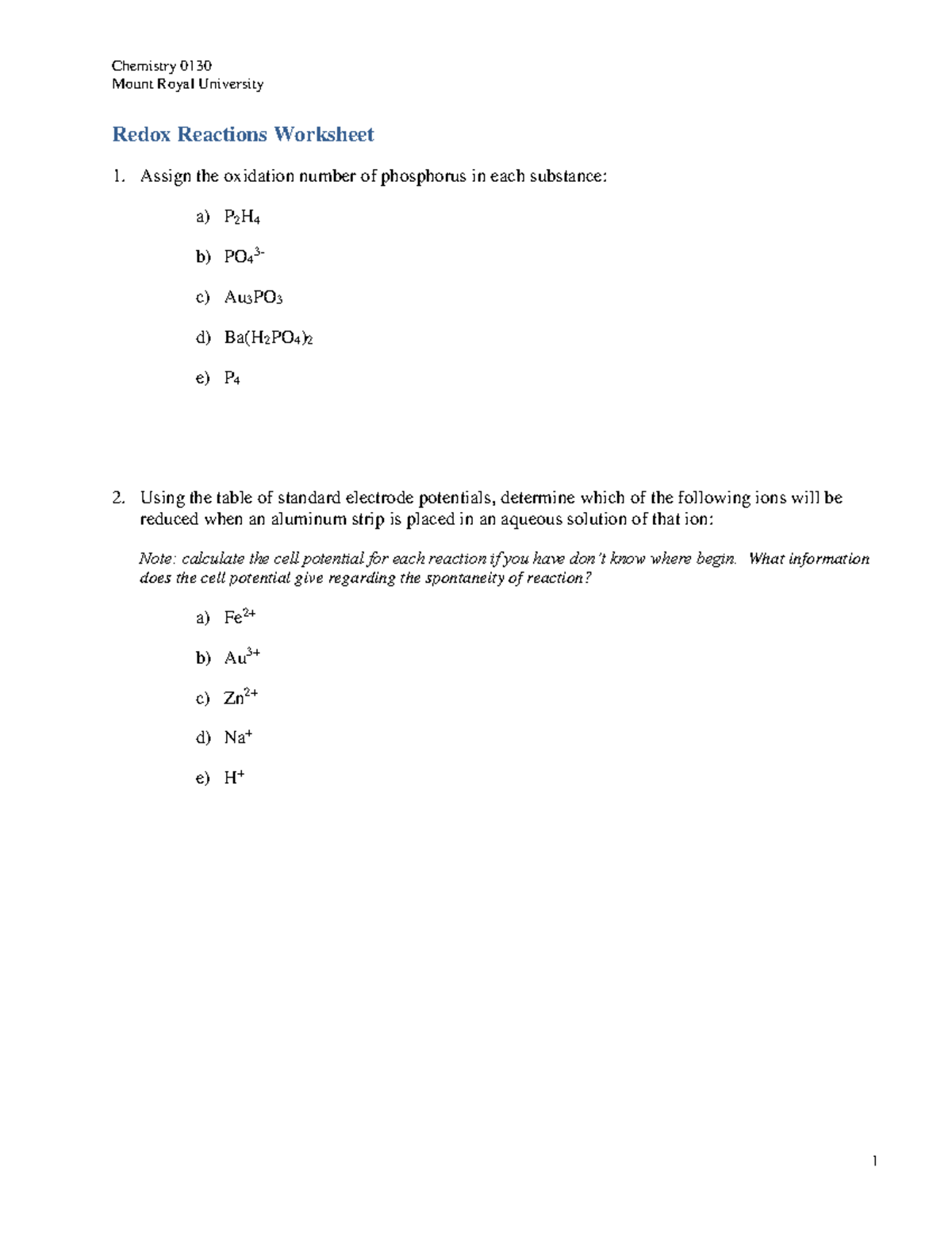 Dry Lab 5 Redox Reaction Worksheet - Chemistry 0130 Mount Royal ...