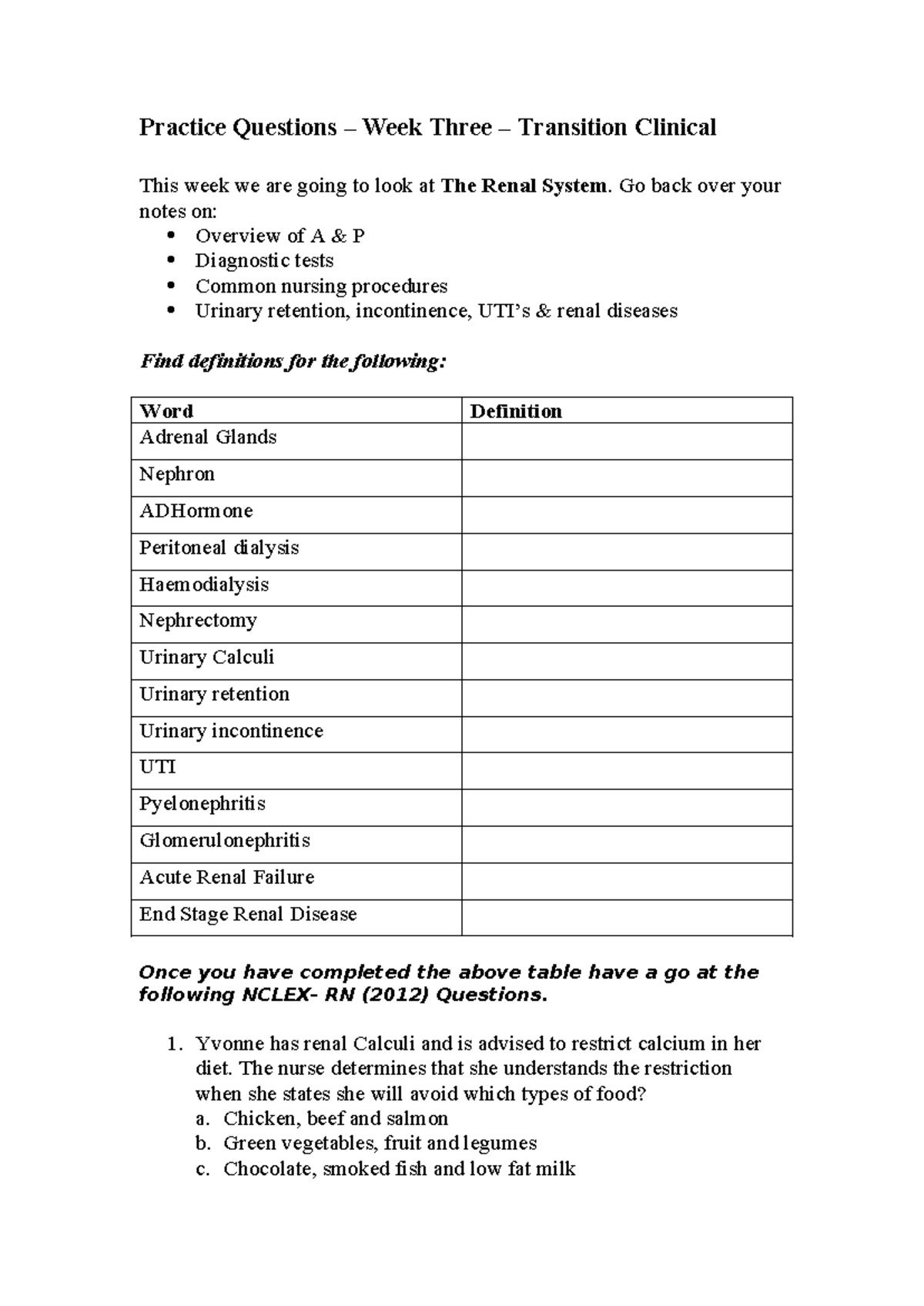 Practice Questions -week three clinical transition - Practice Questions ...